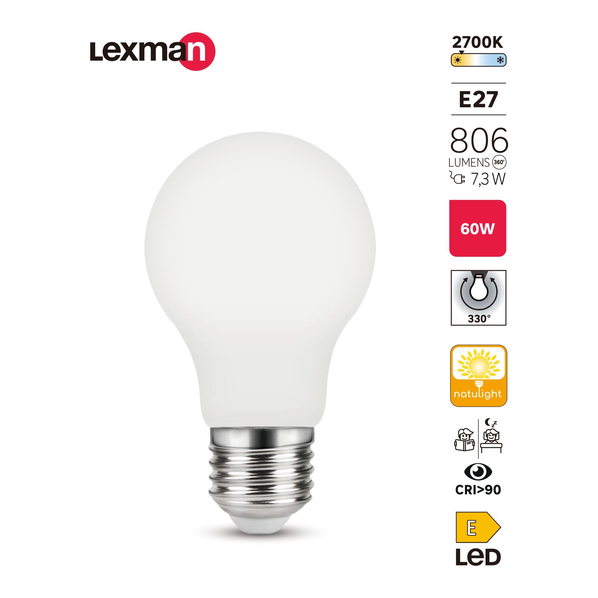 Bec LED Lexman, E27, A60, 7.3 W, 806 lm, alb cald, 2700 K