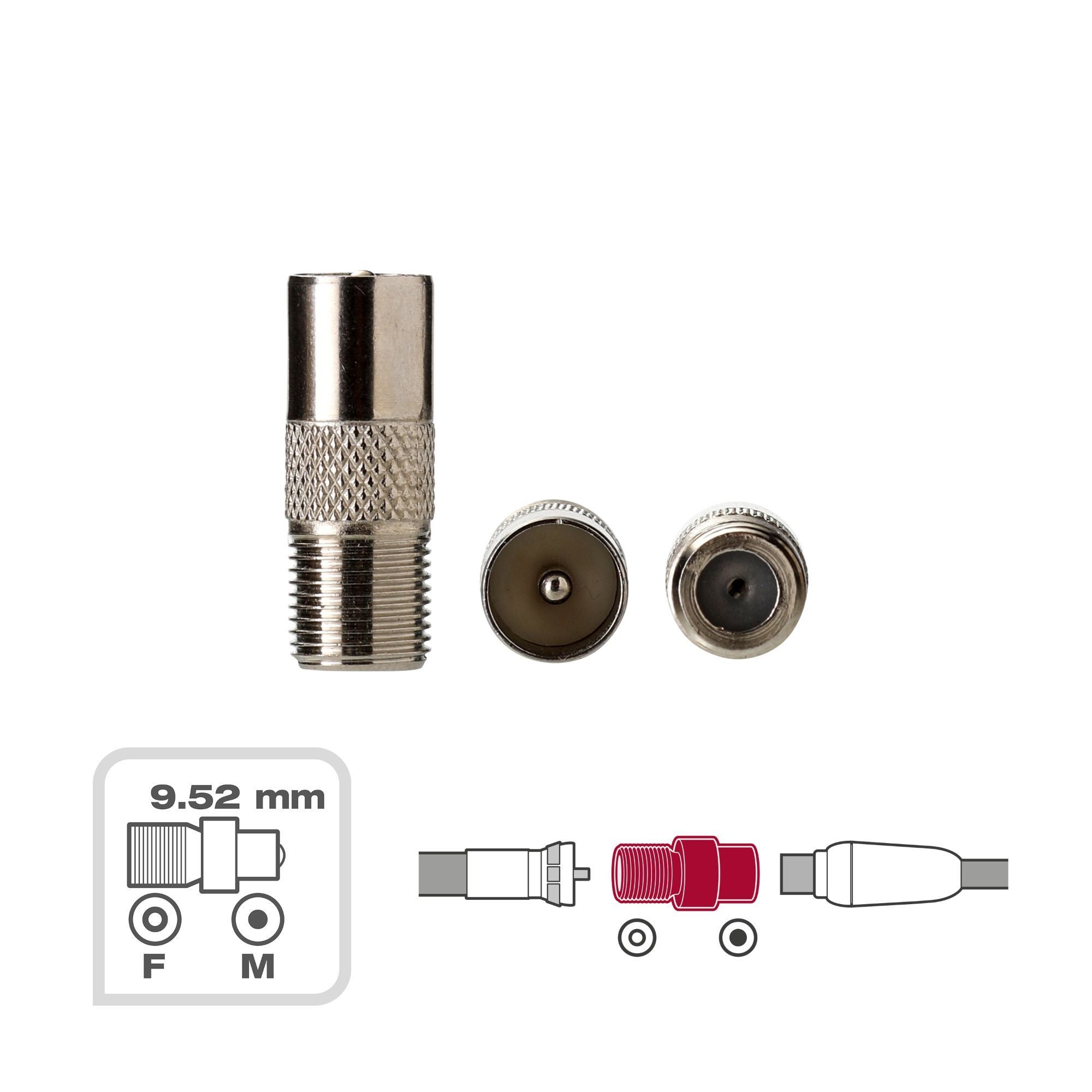 Adaptor cablu TV Lexman, coaxial, tip F, 9.52 mm, mama-tata, metal, argintiu