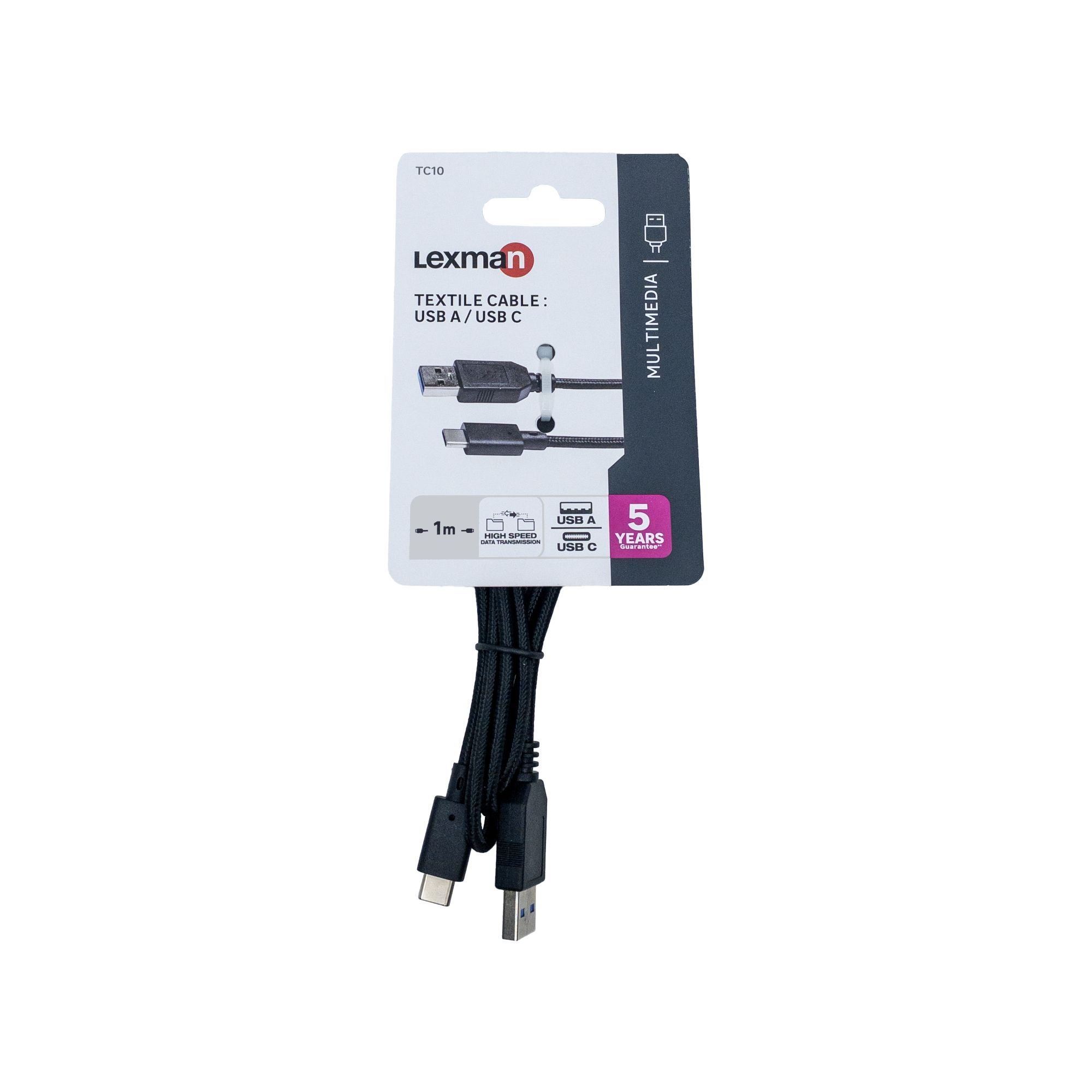 Cablu USB Lexman, USB tip A - USB tip C 3.2, textil/cupru, 1 m, negru