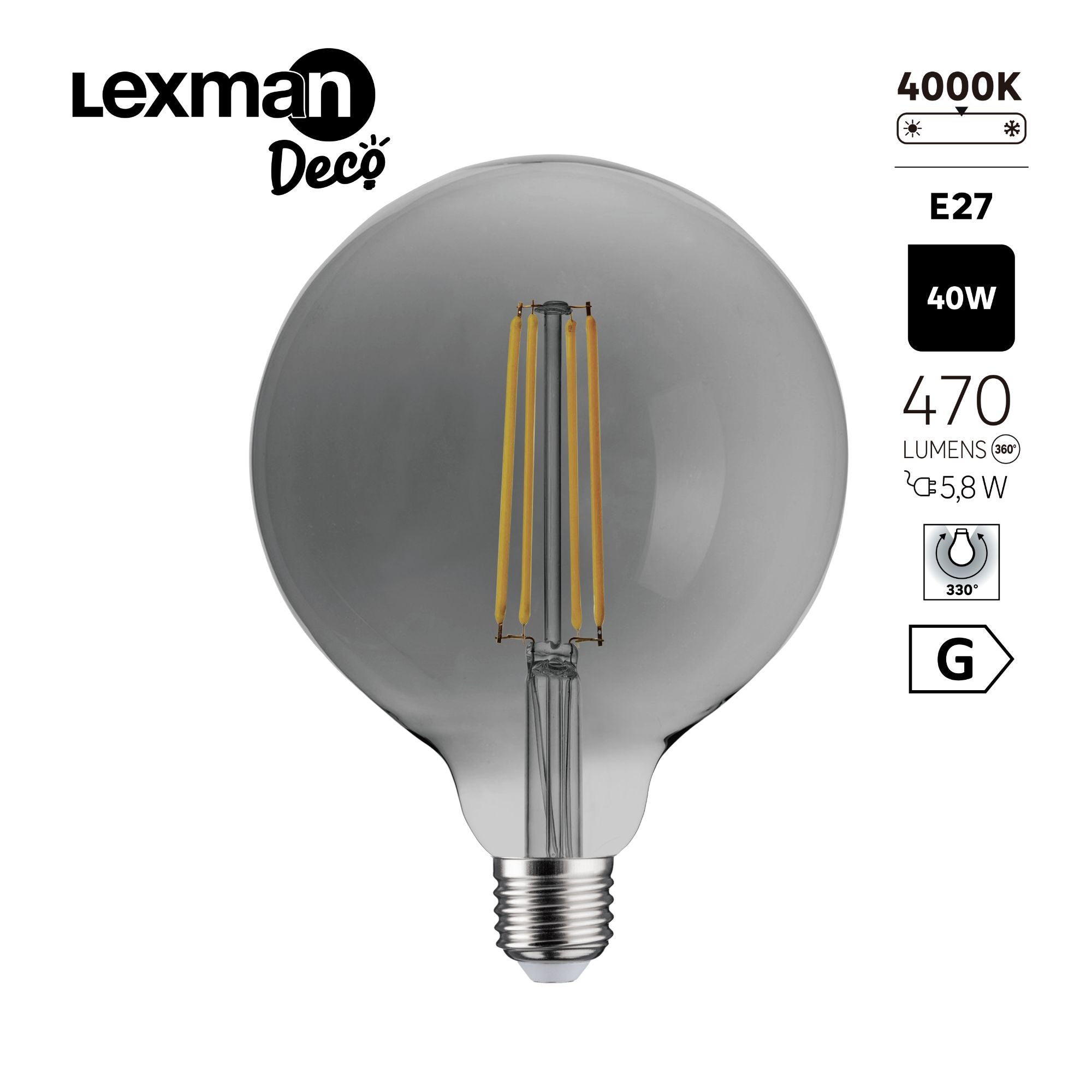 Bec LED decorativ Lexman, E27, G95, alb neutru, 4000K, 5.8 W, 470 lm ...