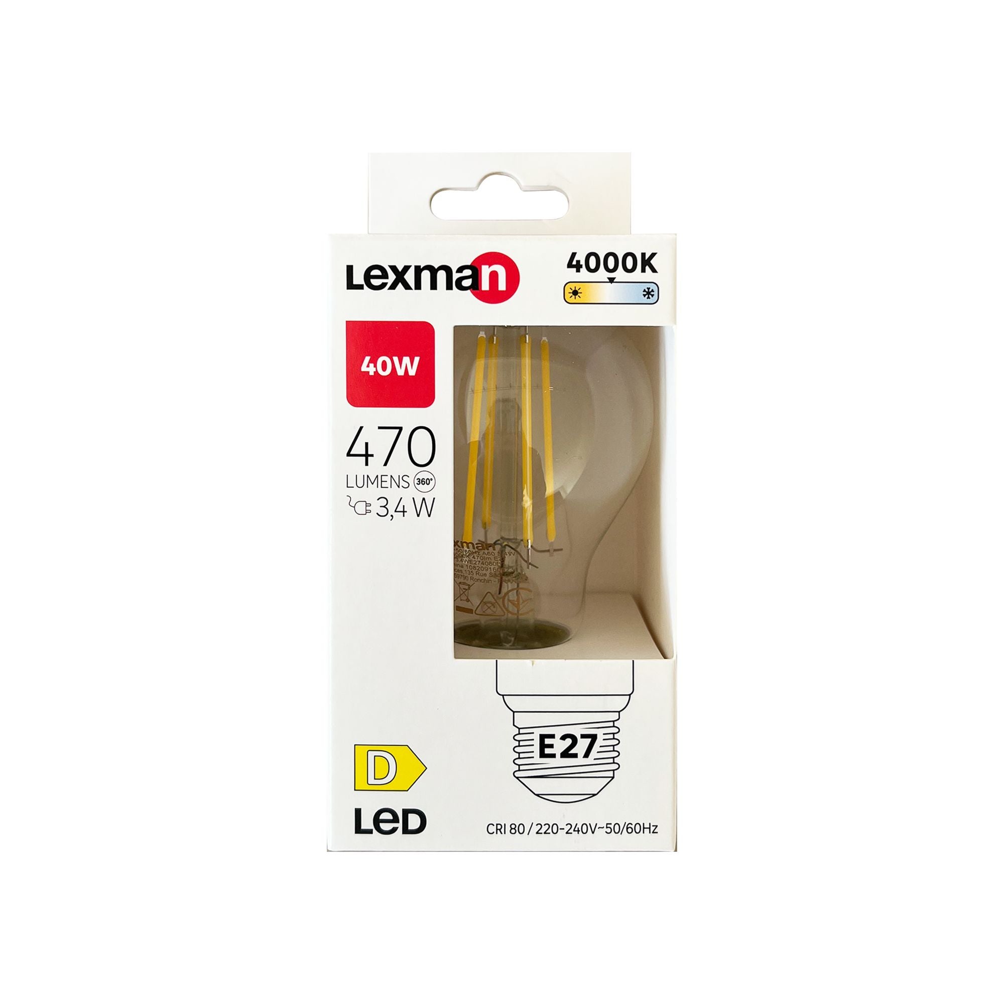Bec LED Lexman, E27, A60, 3.4 W, alb neutru, 4000K, 470 lm, filament clar