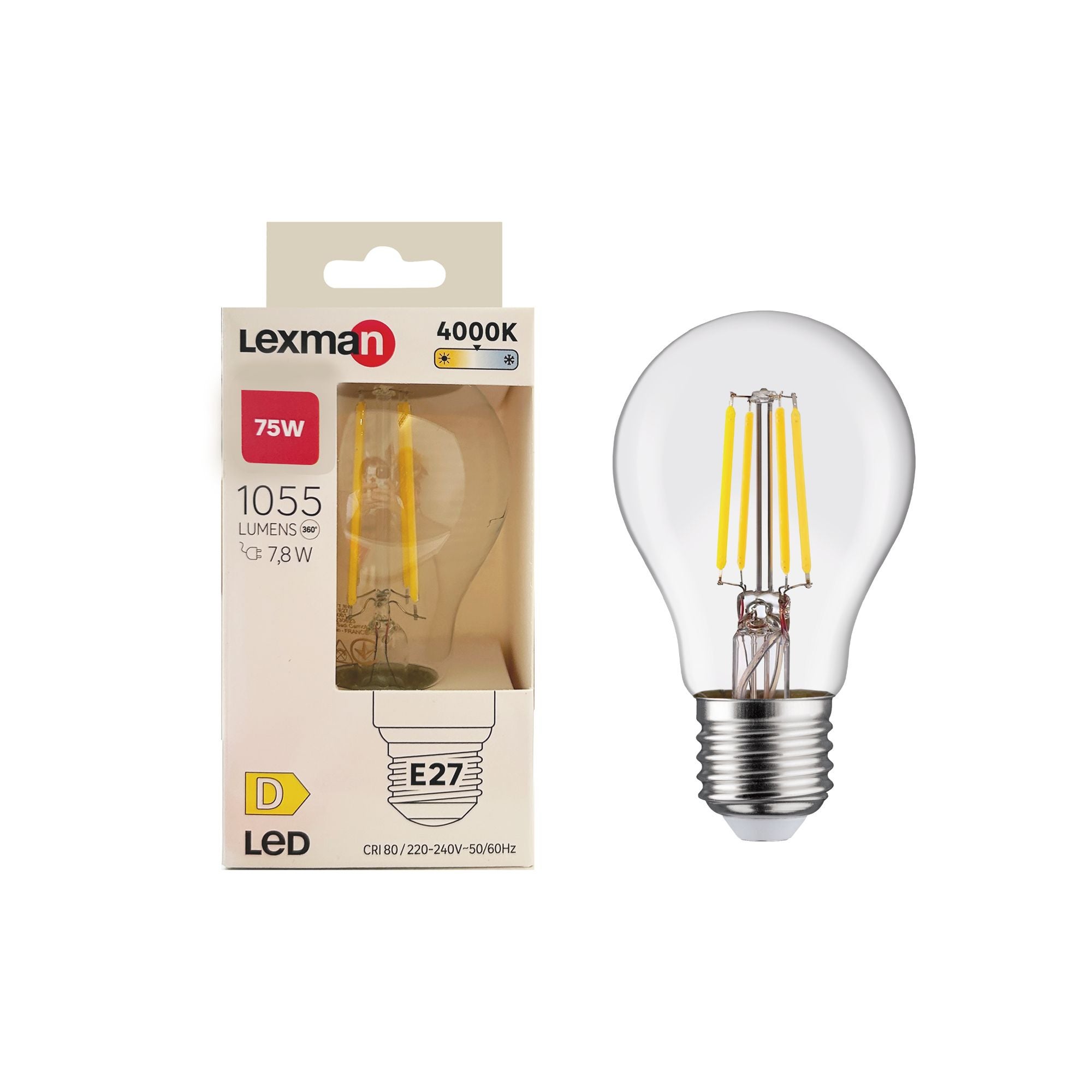 Bec LED Lexman, E27, A60, 7.8 W, alb neutru, 4000K, 1055 lm, filament clar