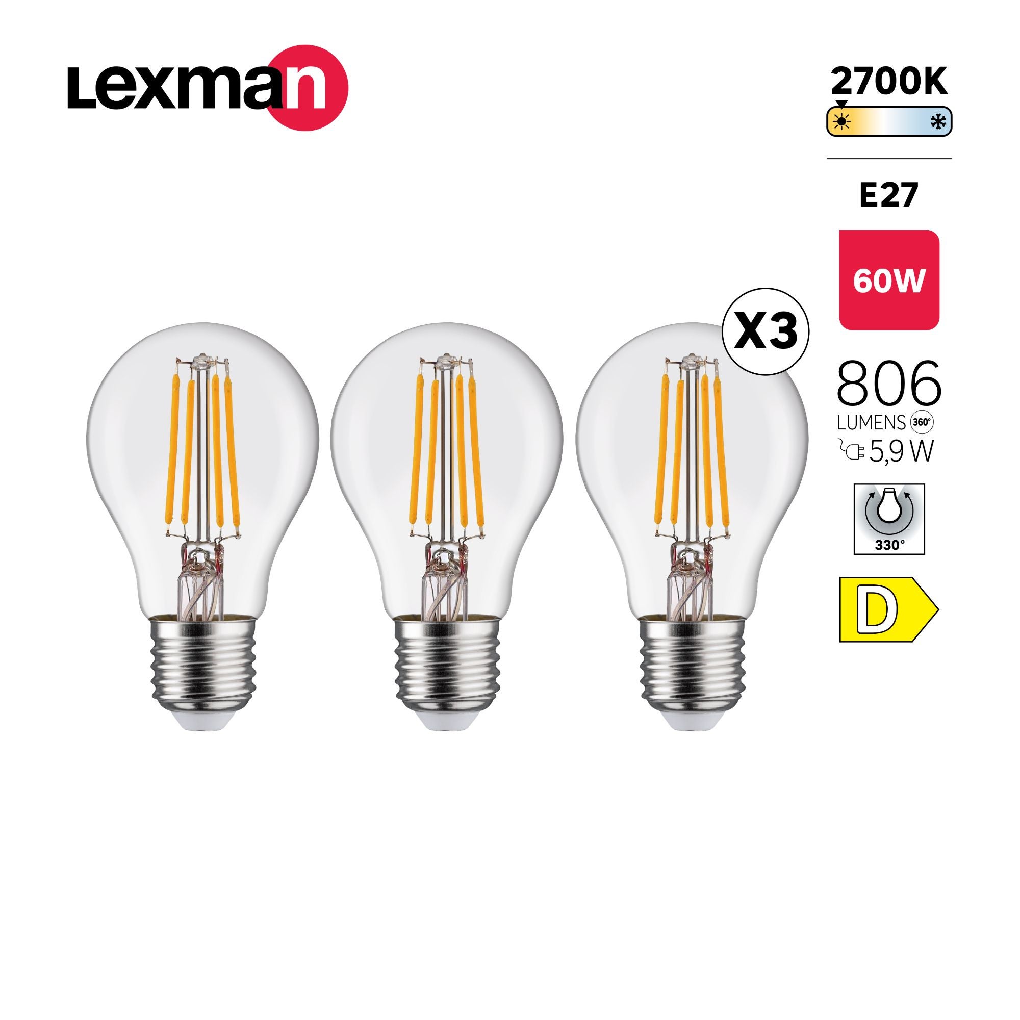 Bec LED Lexman, E27, A60, 5.9 W, 806 lm, alb cald, 2700K, set 3 bucati