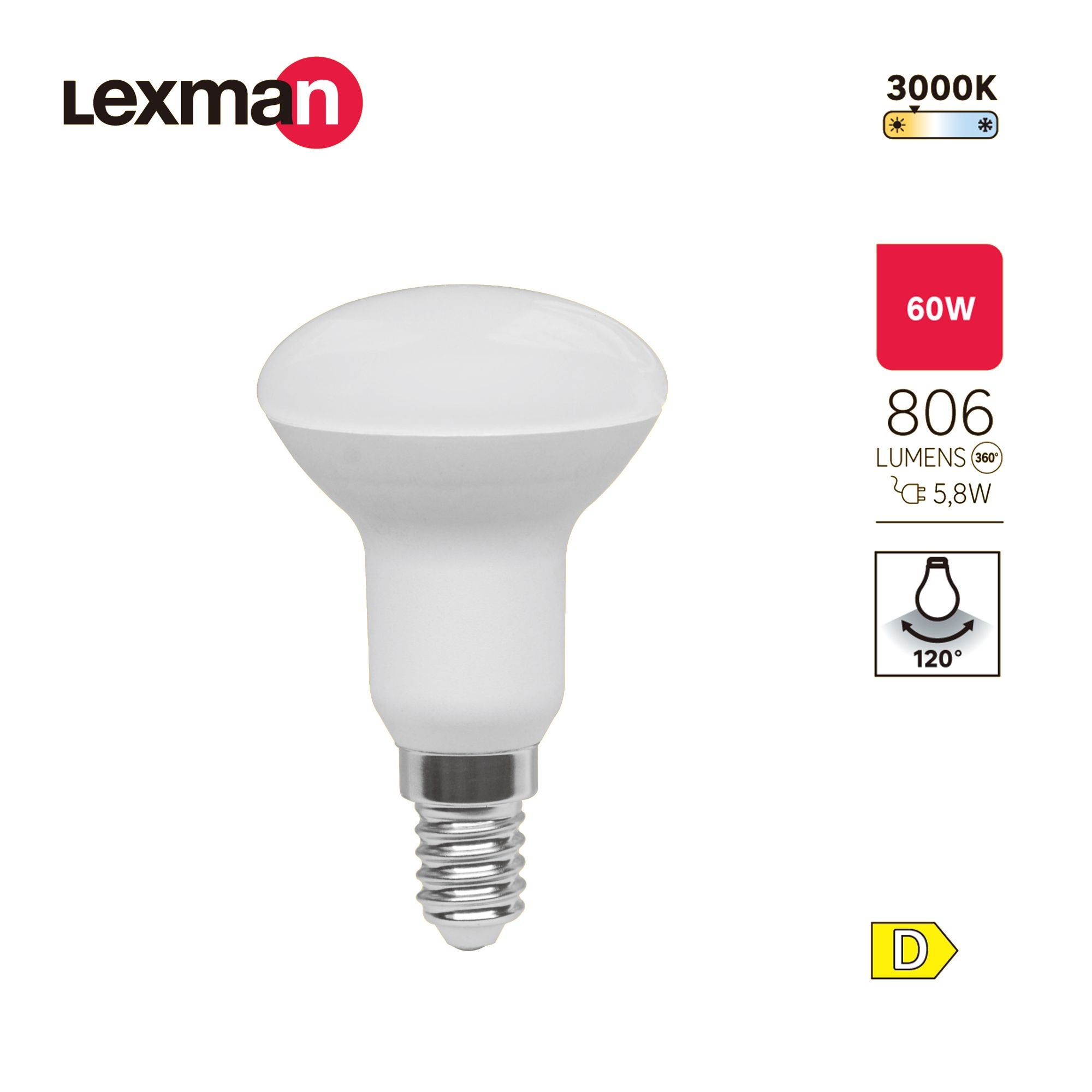 Bec LED Lexman, E14, R50, 5.8 W, alb cald, 3000K, 806lm, mat