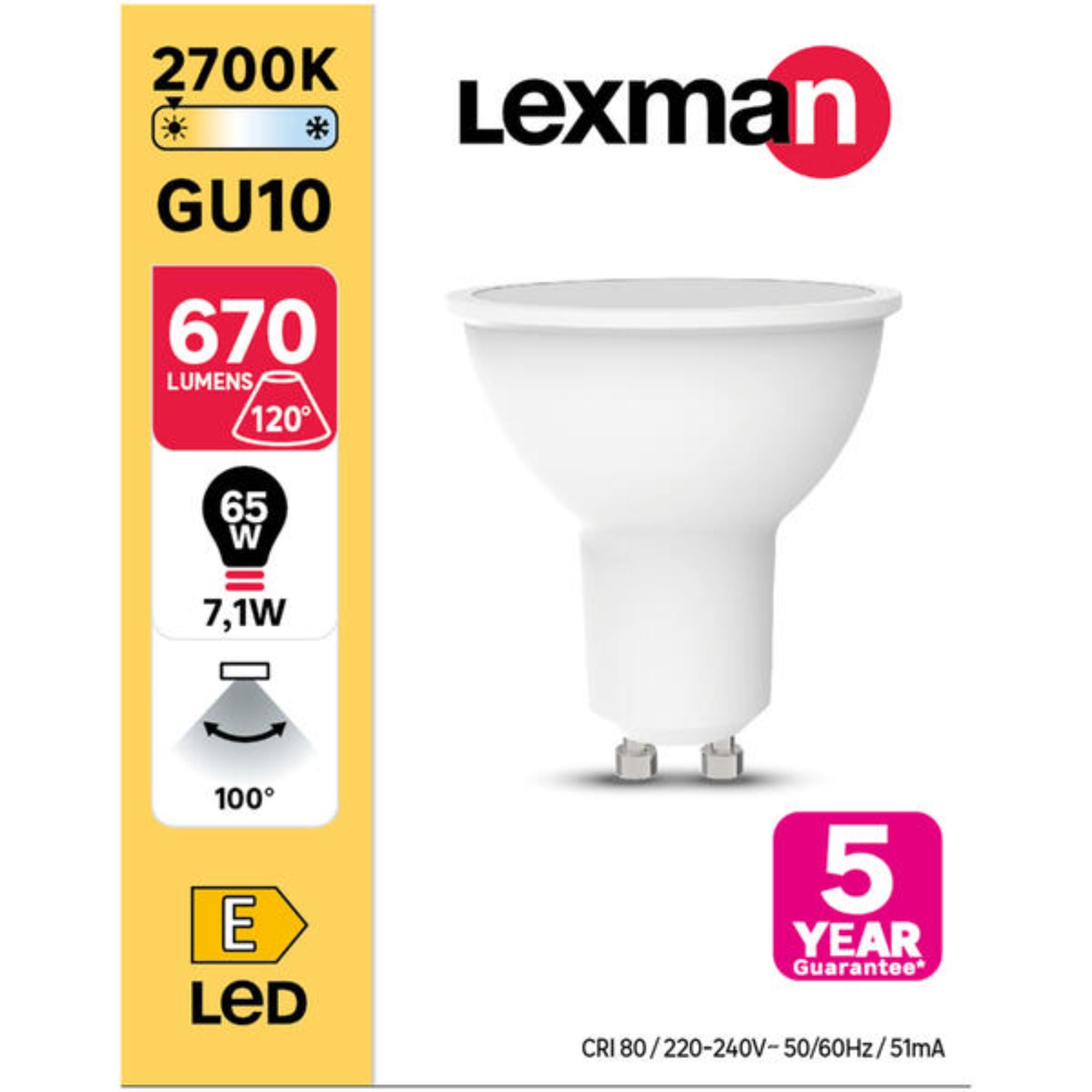 Bec LED Lexman, GU10, 7.1 W, alb cald, 2700K, 670 lm