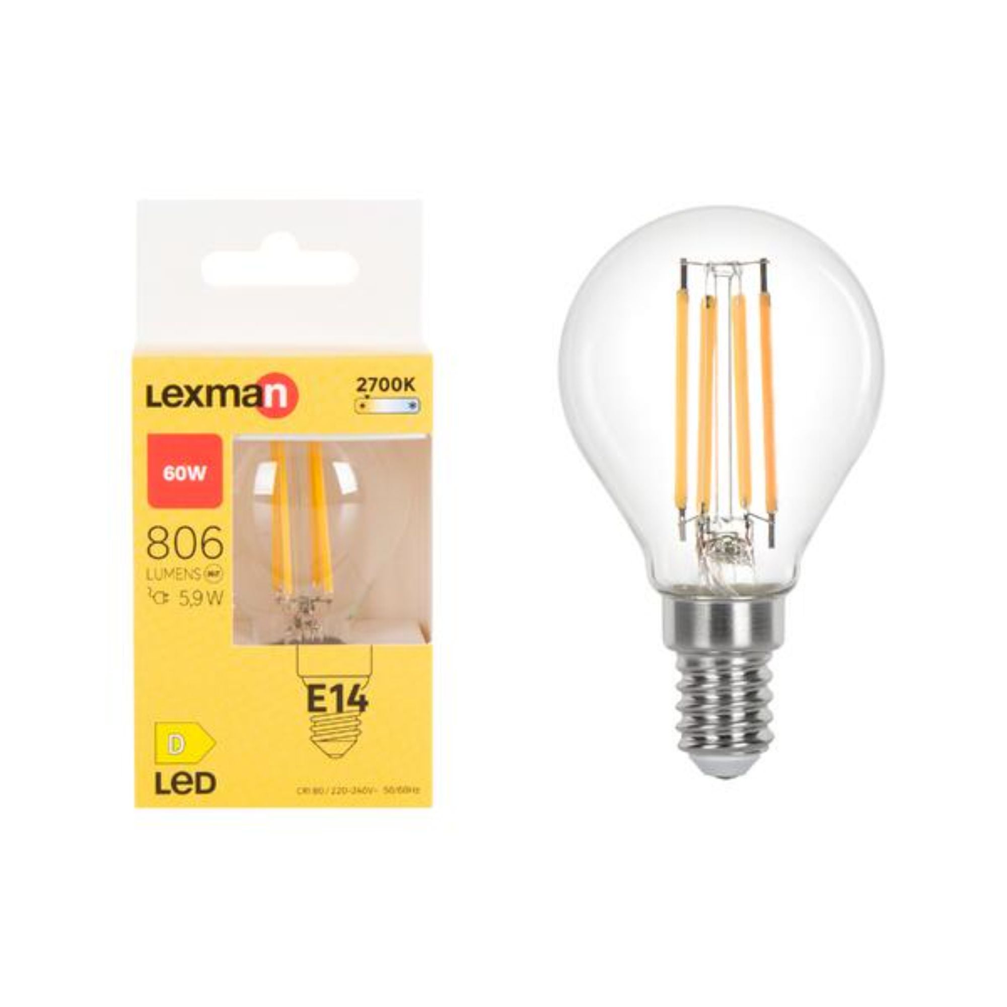 Bec LED Lexman, E14, G45, 5.9 W, alb cald, 2700k, 806 lm, filament clar