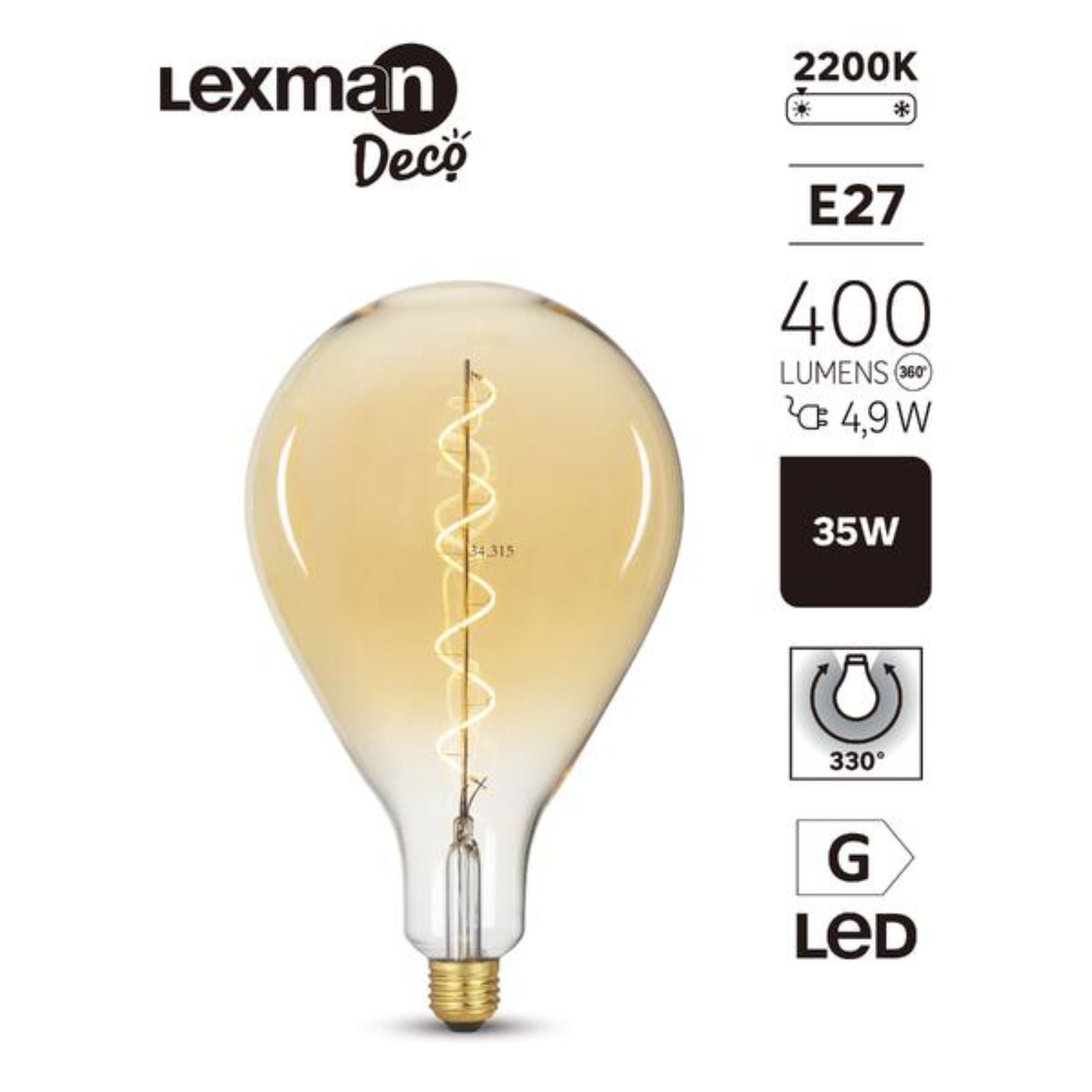 Bec LED decorativ, Lexman, E27, alb cald, 2200K, 4.9 W, 400 lm, tip sferic, ambra spiral