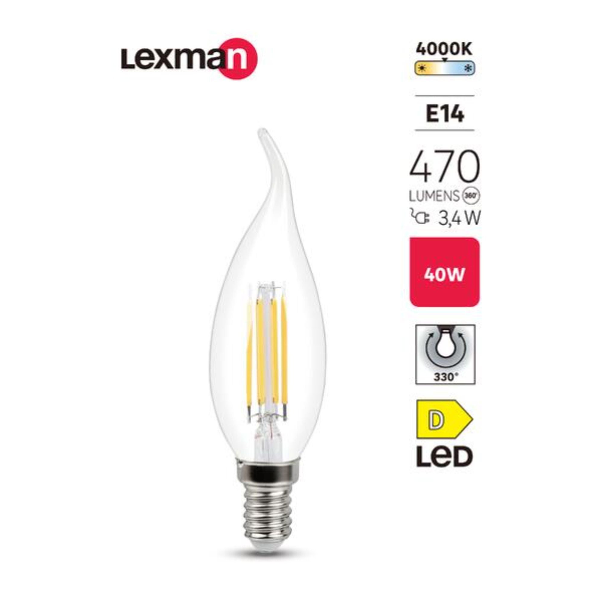 Bec LED Lexman, E14, CF35, 3.4 W, alb neutru, 4000K, 470 lm, filament clar