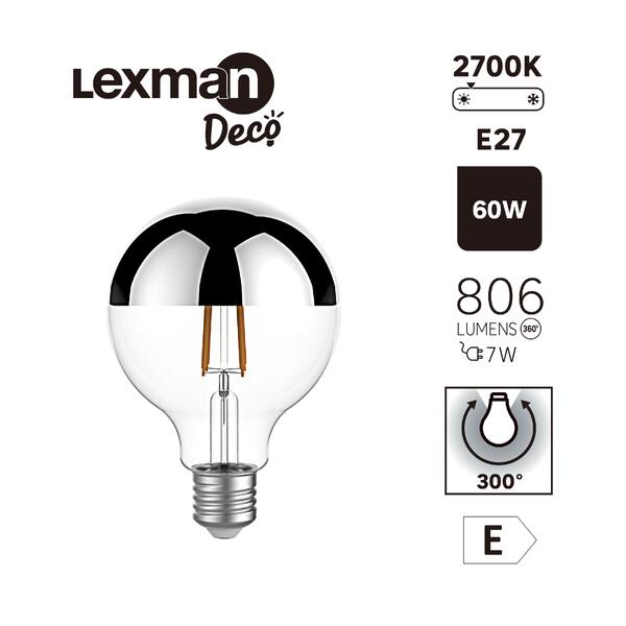 Bec LED decorativ Lexman, E27, G95, 7 W, alb cald, 2700K, 806 lm, argintiu