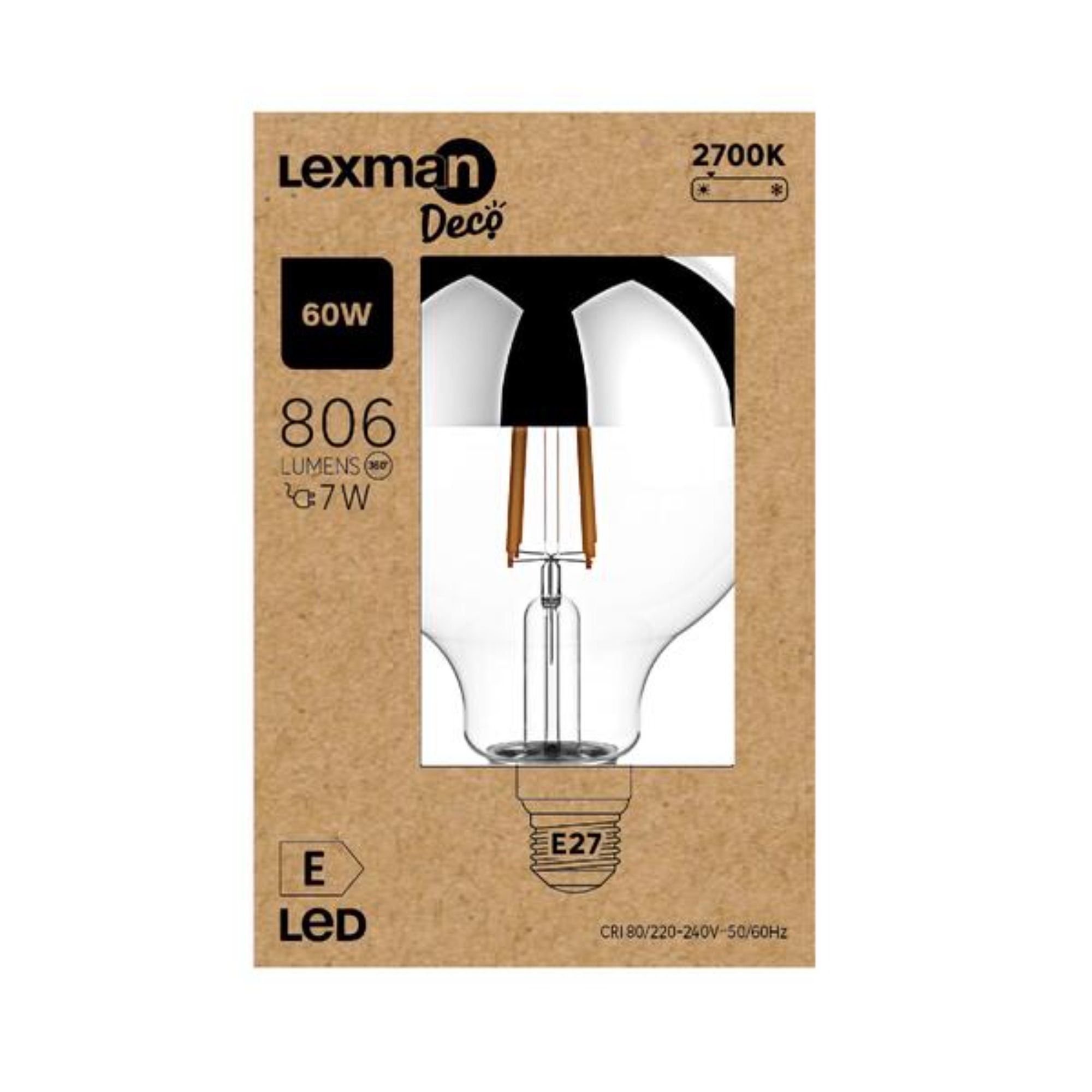 Bec LED decorativ Lexman, E27, G95, 7 W, alb cald, 2700K, 806 lm, argintiu