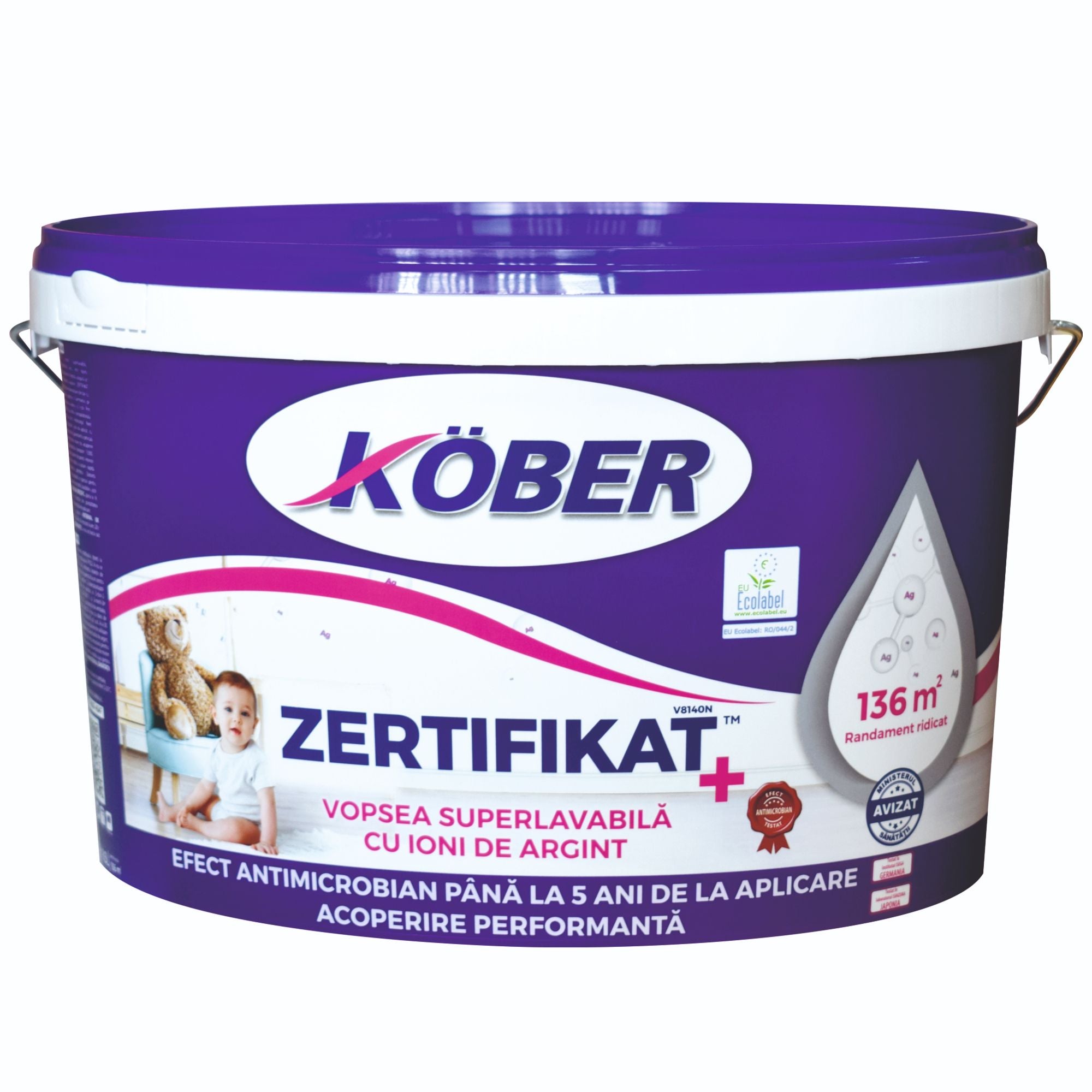 Vopsea superlavabila alba Kober Zertifikat, de interior, 8.5 L, aspect mat, ioni de argint