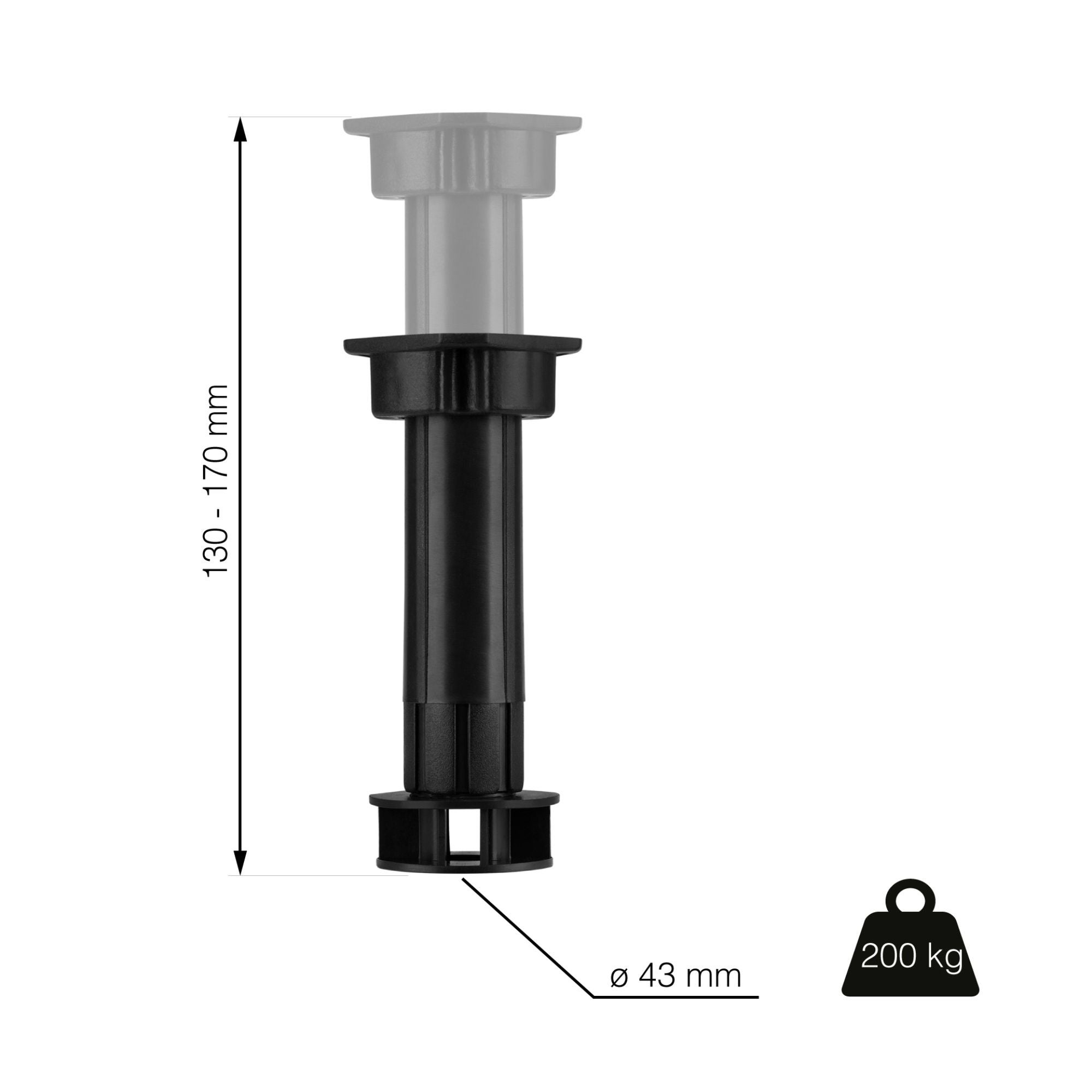 Picior mobila, reglabil, H 130 - 170 mm, plastic, negru mat