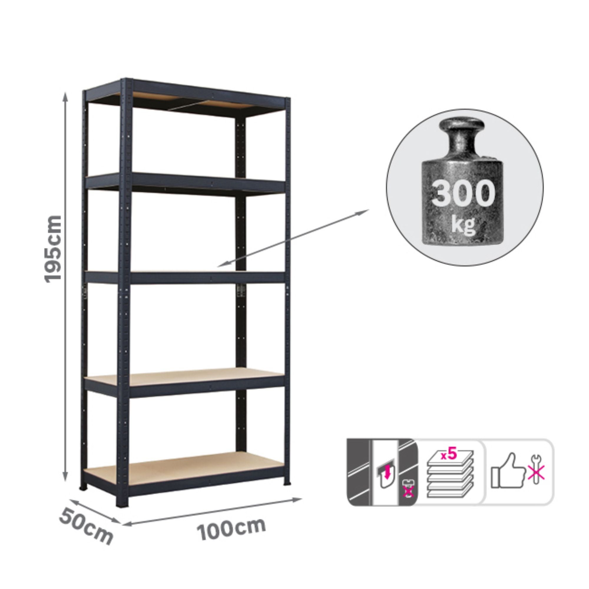 Raft metalic pentru depozitare, 5 polite, 195 x 100 x 50 cm, 300 kg ...