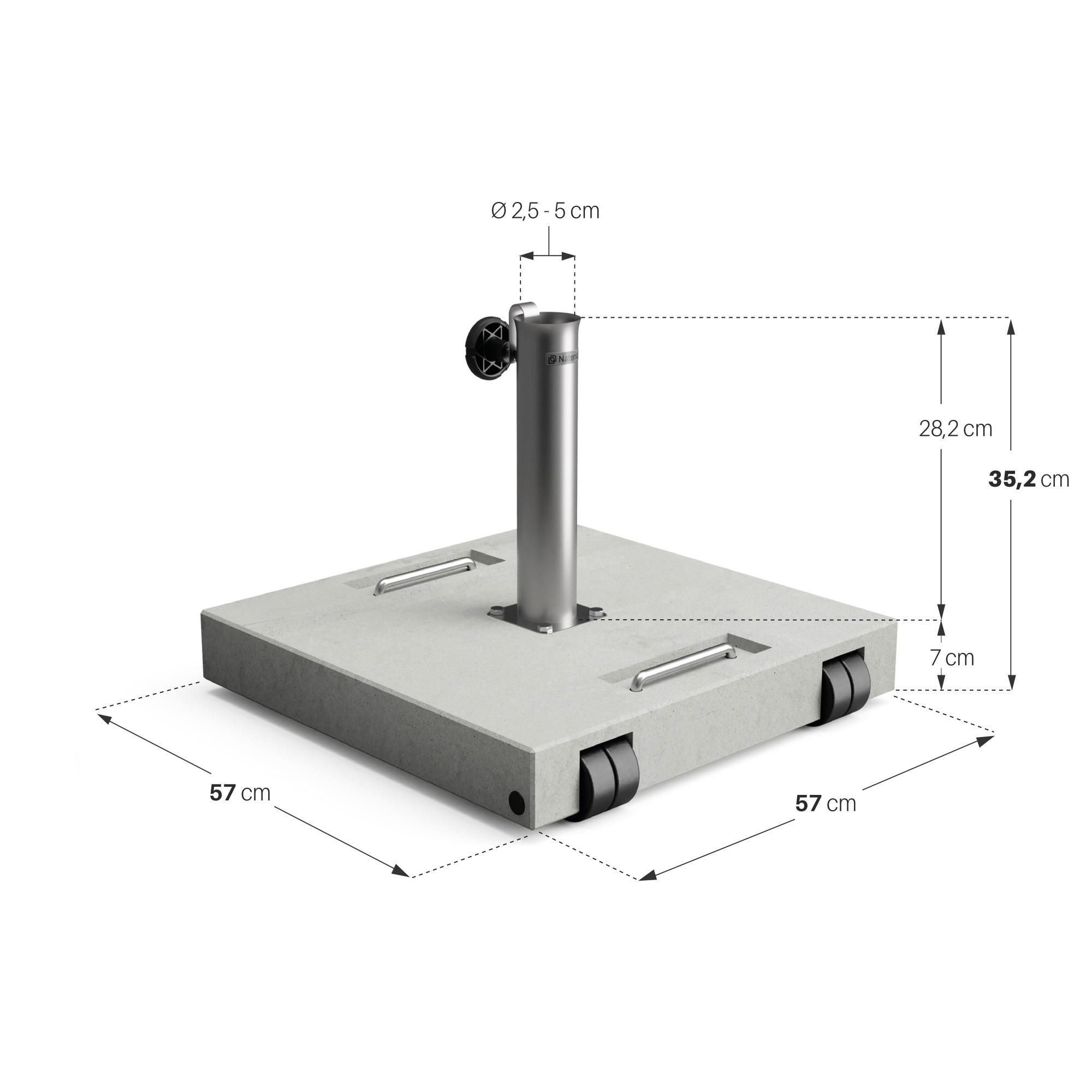 Suport umbrela terasa, cu roti, beton, 50 kg, 57 x 57 cm , H 7 cm, gri
