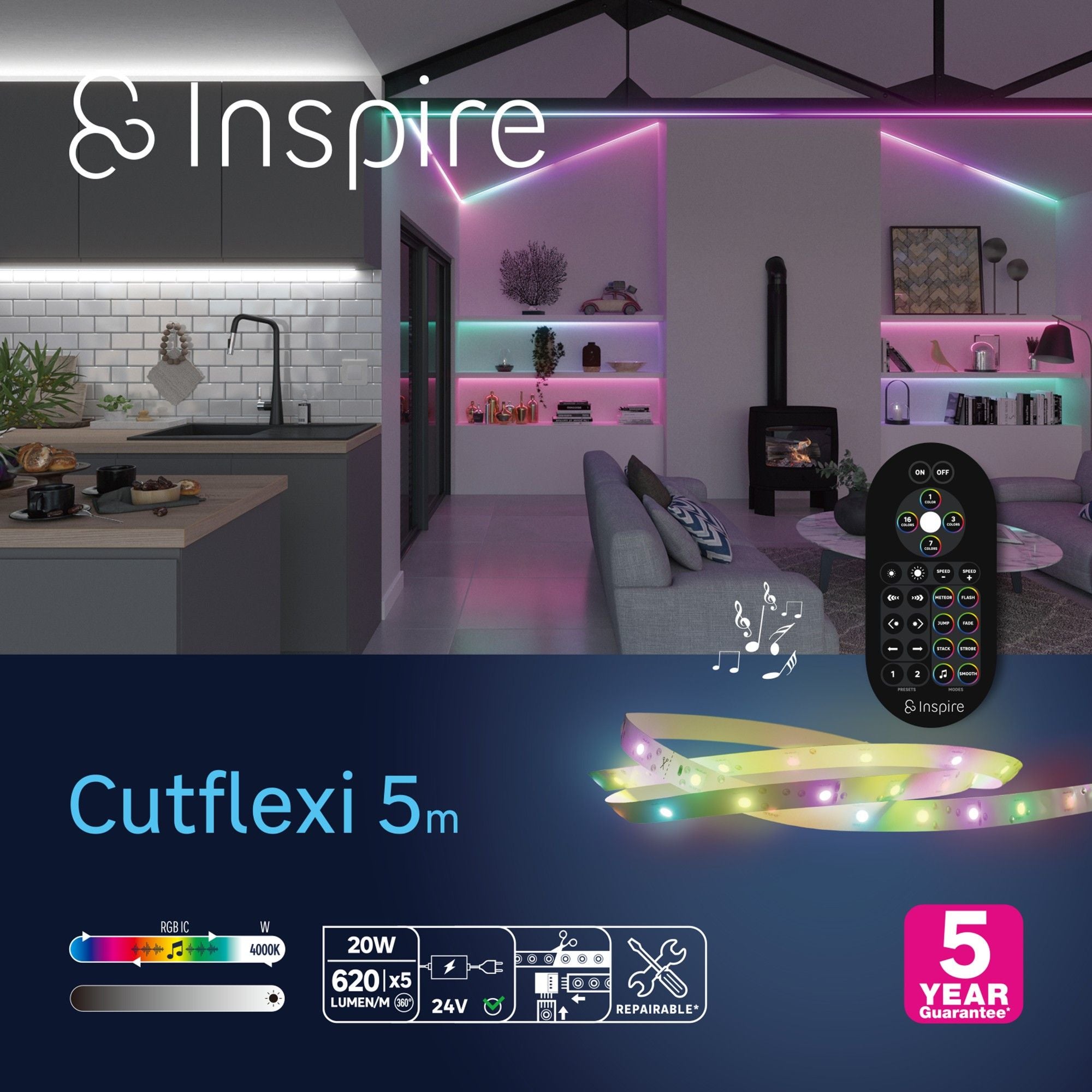 Kit banda LED Cutflexi, 5m, 23 W, RGB, cu telecomanda, adaptare lumina ...