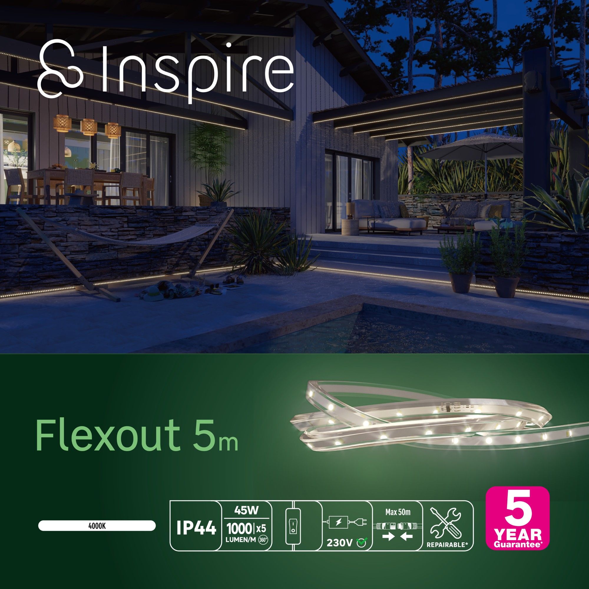 Kit banda LED Flexout, 5m, 1000 lm/m, lumina neutra, IP44