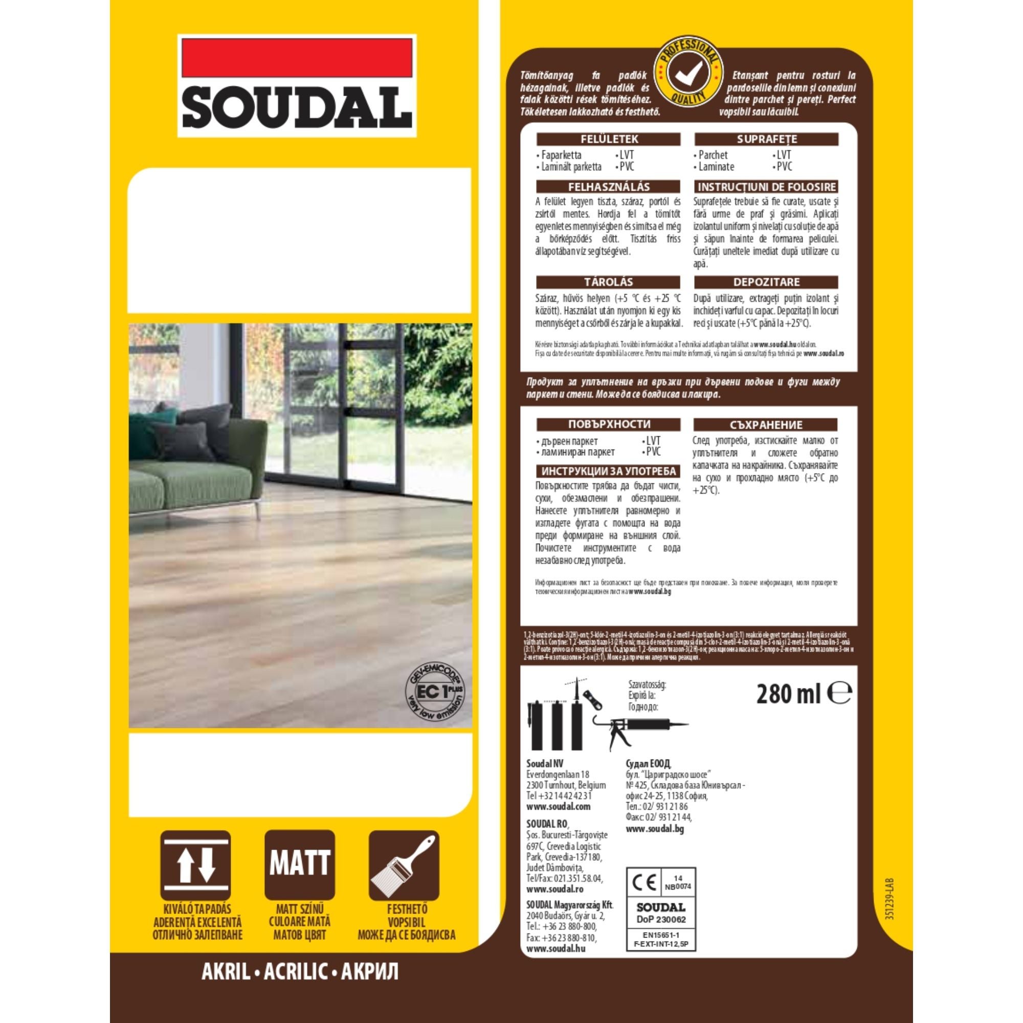 Mastic acrilic Soudal, pentru rosturi parchet, cires, 280 ml