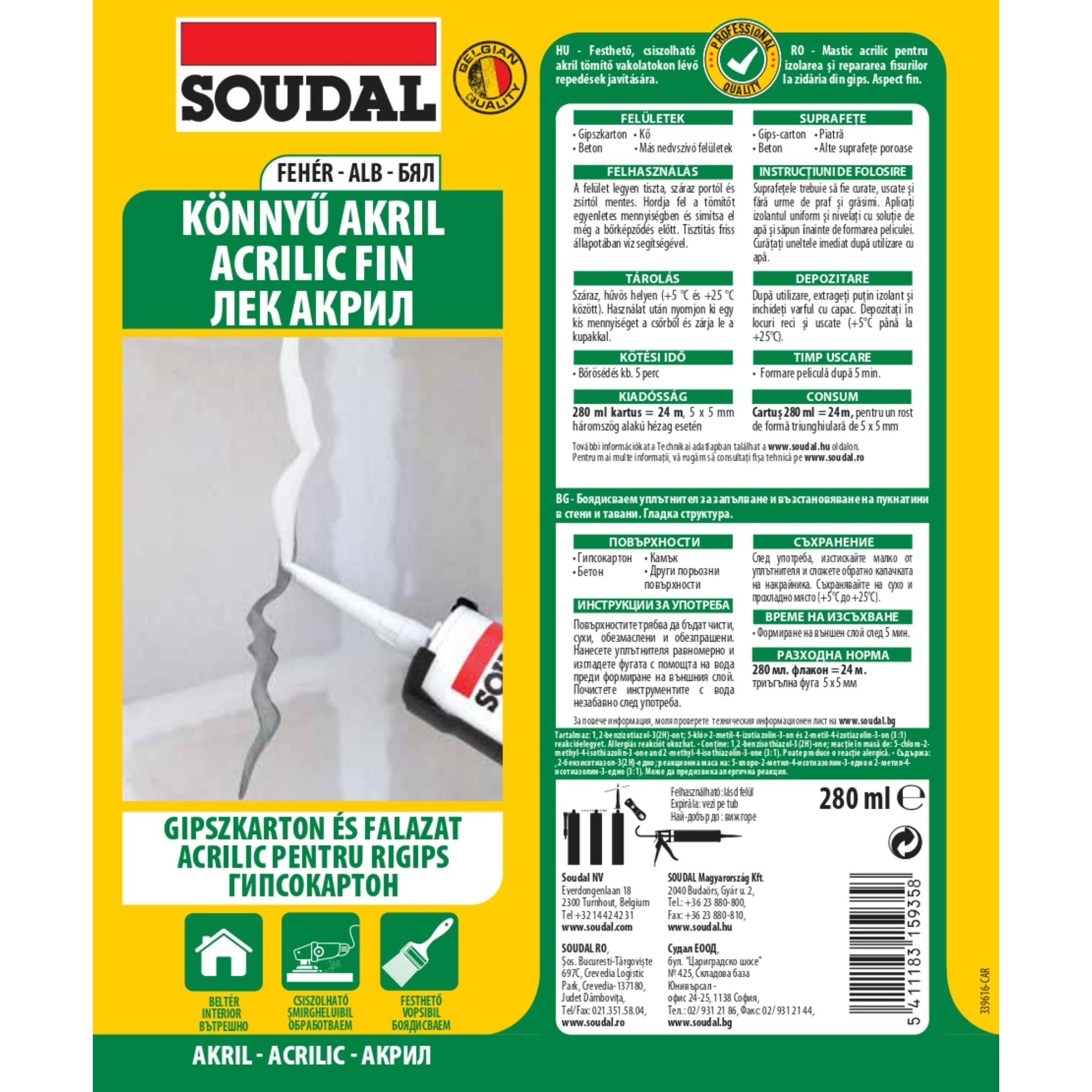 Mastic acril fin, pentru gips-carton, Soudal, alb, 280 ml
