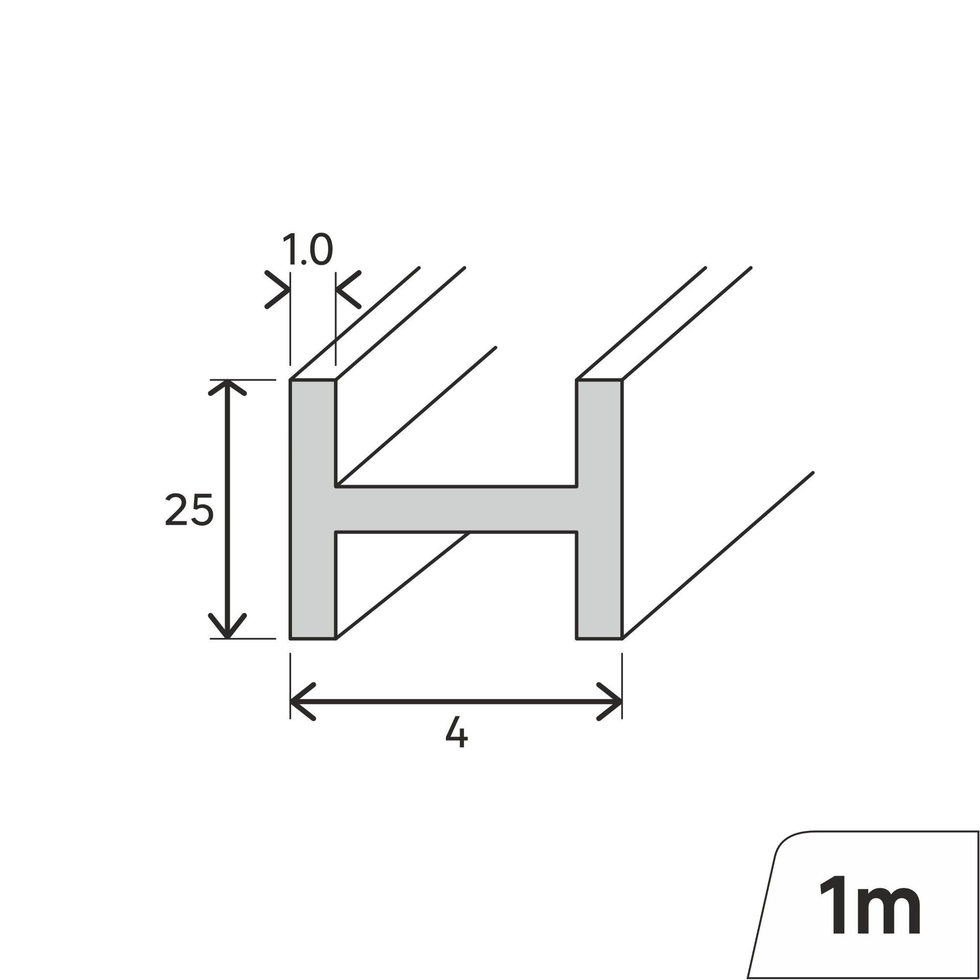 Profil H PVC, 25 x 4 x 1 mm, L = 1 m, alb mat