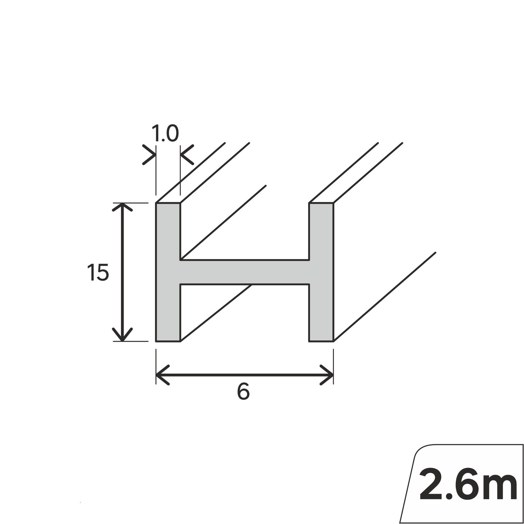 Profil H PVC, 15 x 6 x 1 mm, L = 2.6 m, alb mat