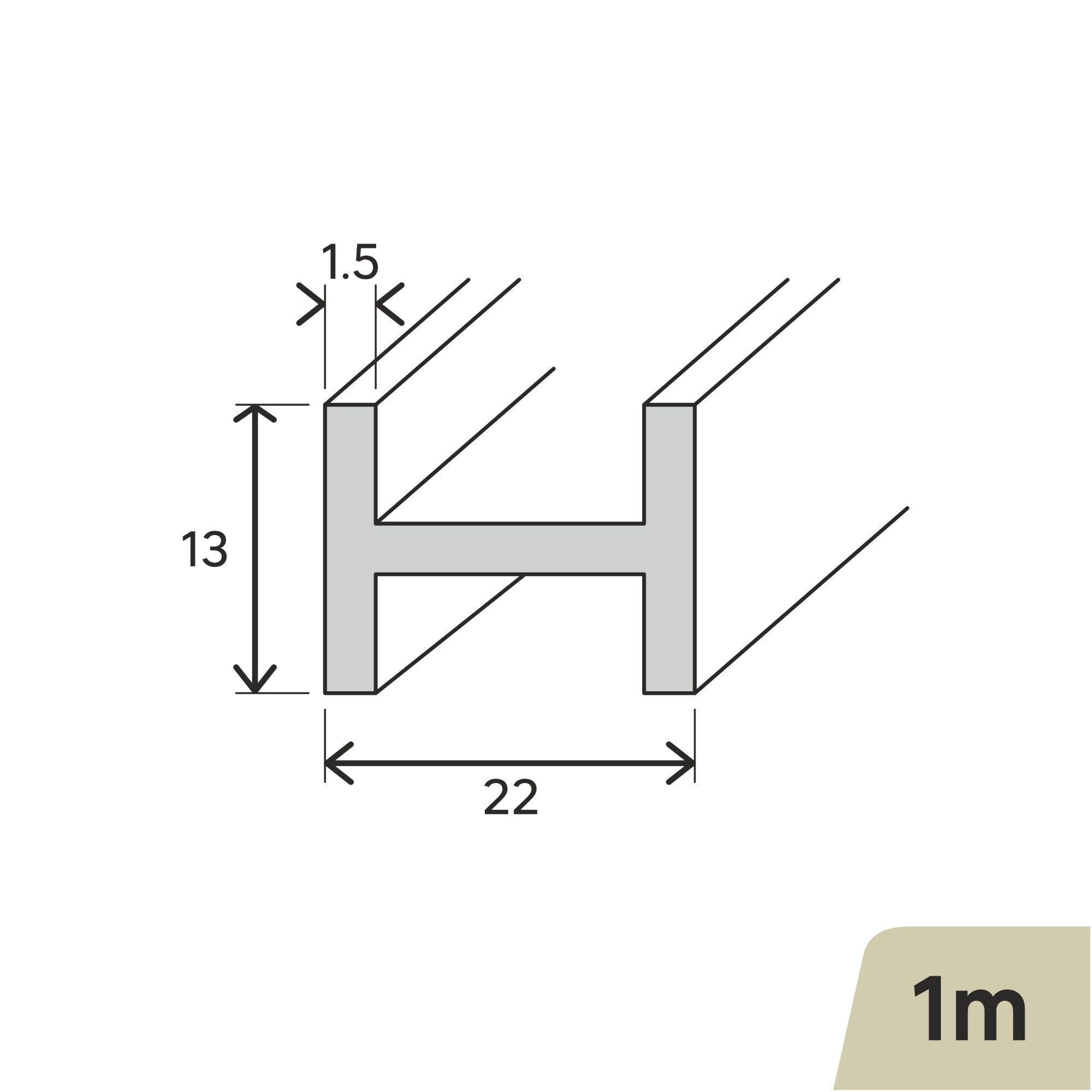 Profil H aluminiu brut, 13 x 22 x 1.5 mm, L = 1 m