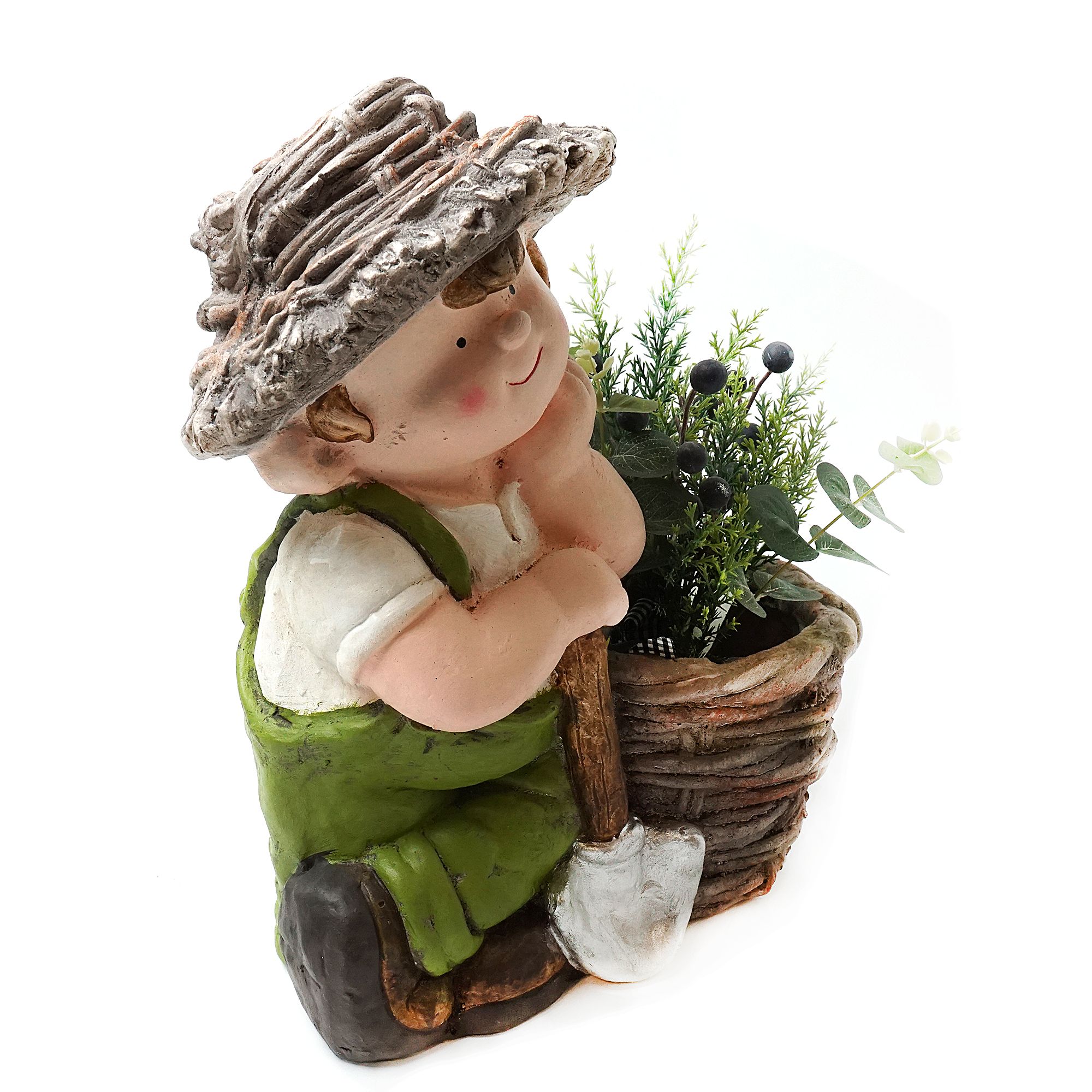Figurina decorativa gradina, ceramica,baiat cu suport de flori, H 41 cm