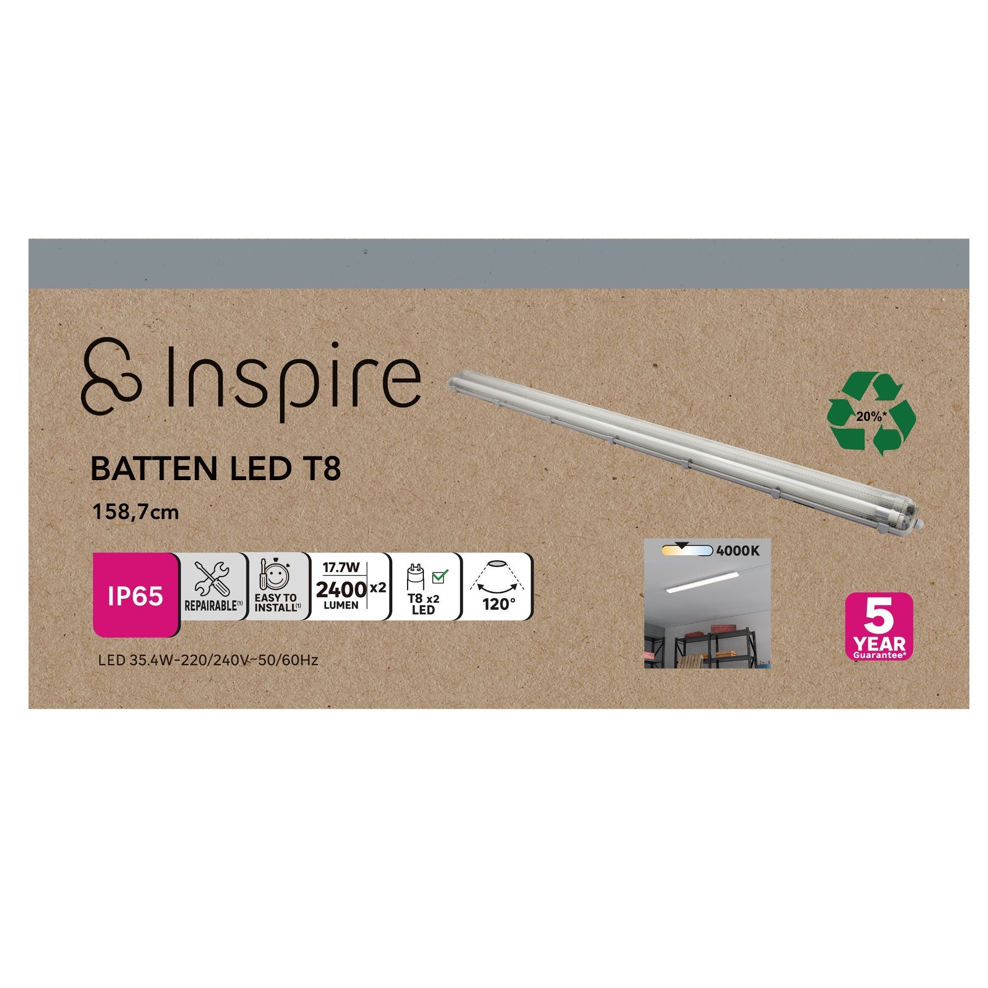 Corp cu tub LED, 2 x 17.7 W, 2 x 2400 lm, lumina neutra, 158 cm, IP65