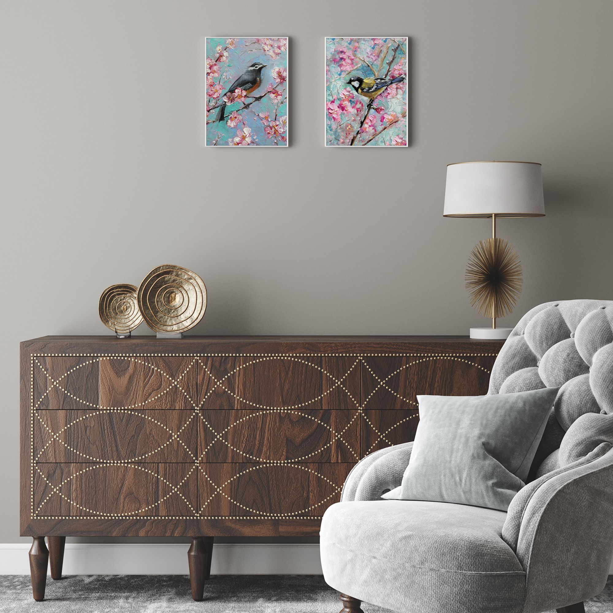 Set 2 tablouri inramate, Pasari, 30 x 40 cm