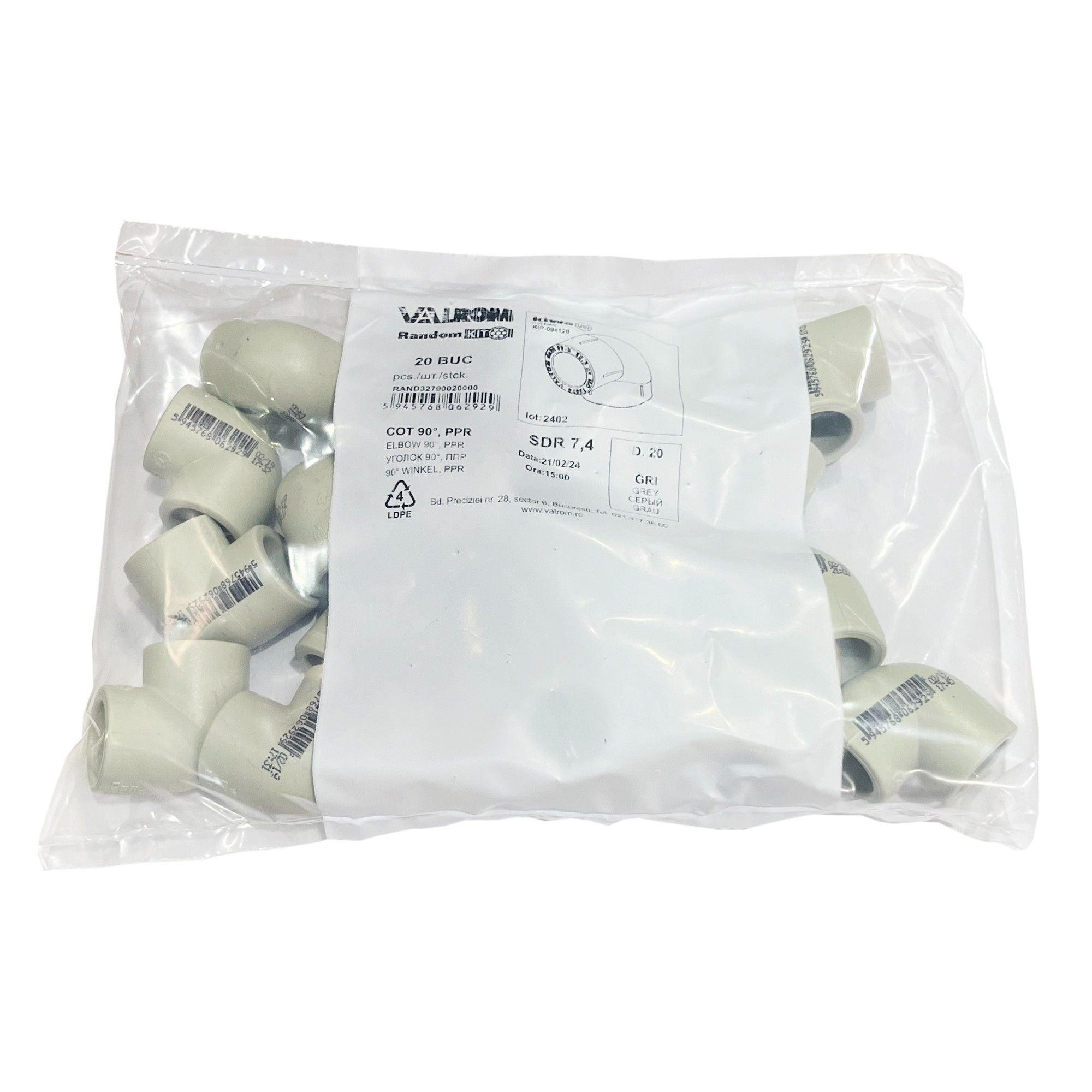 Cot teava PPR, 90 grade, Ø 20 mm, PN 20, gri (pachet 20 buc)