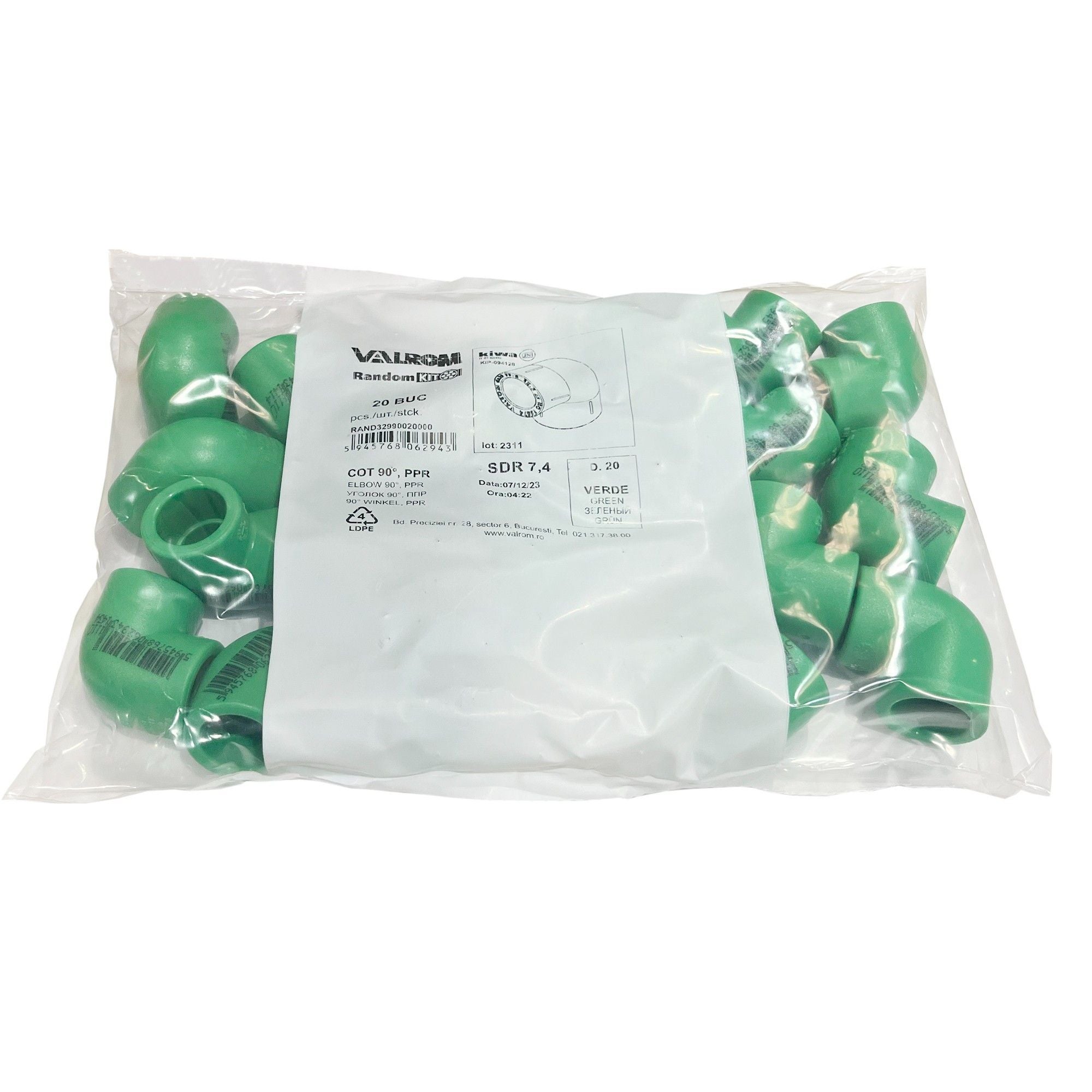 Cot teava PPR, 90 grade, Ø 20 mm, PN 20, verde (pachet 20 buc)