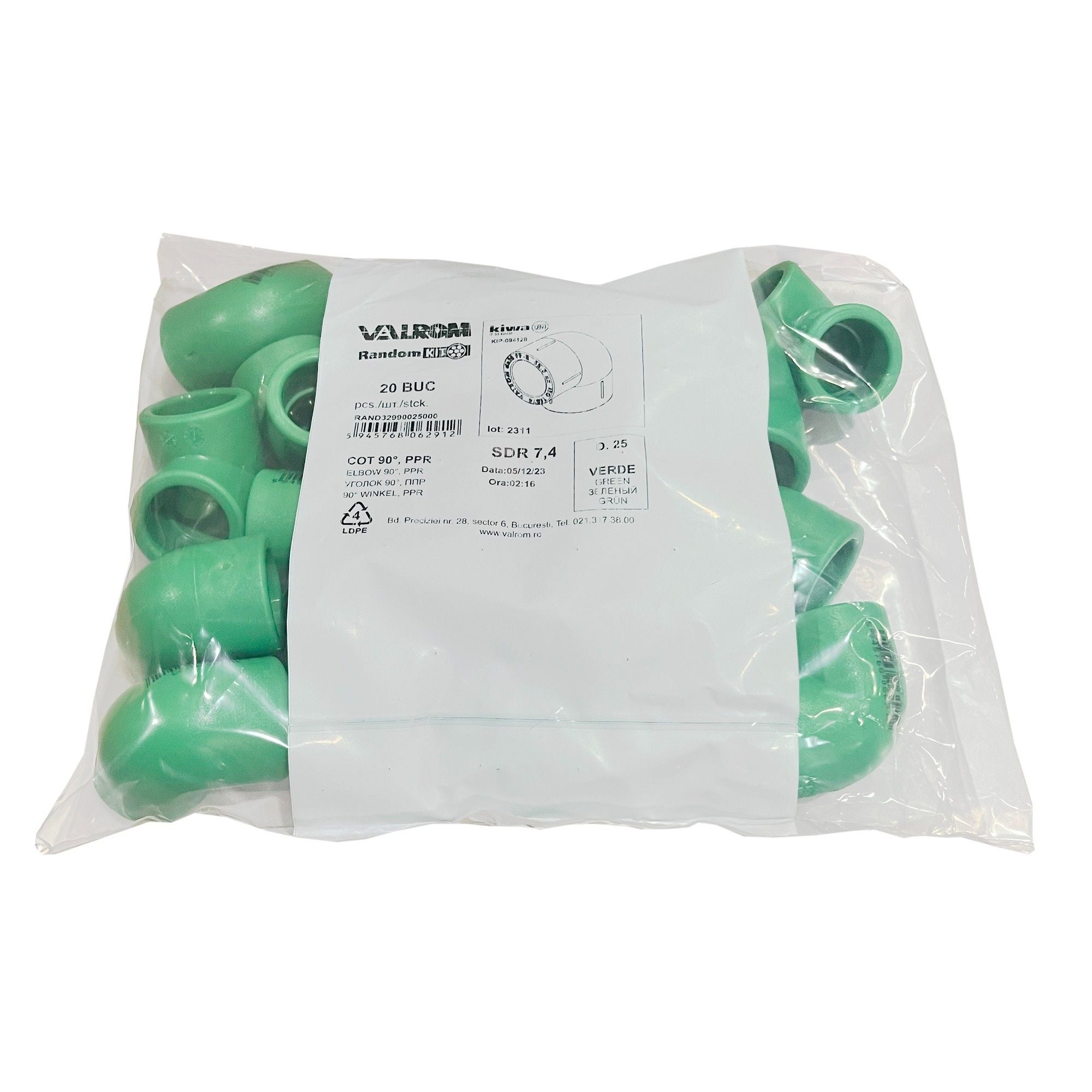 Cot teava PPR, 90 grade, Ø 25 mm, PN 20, verde (pachet 20 buc)