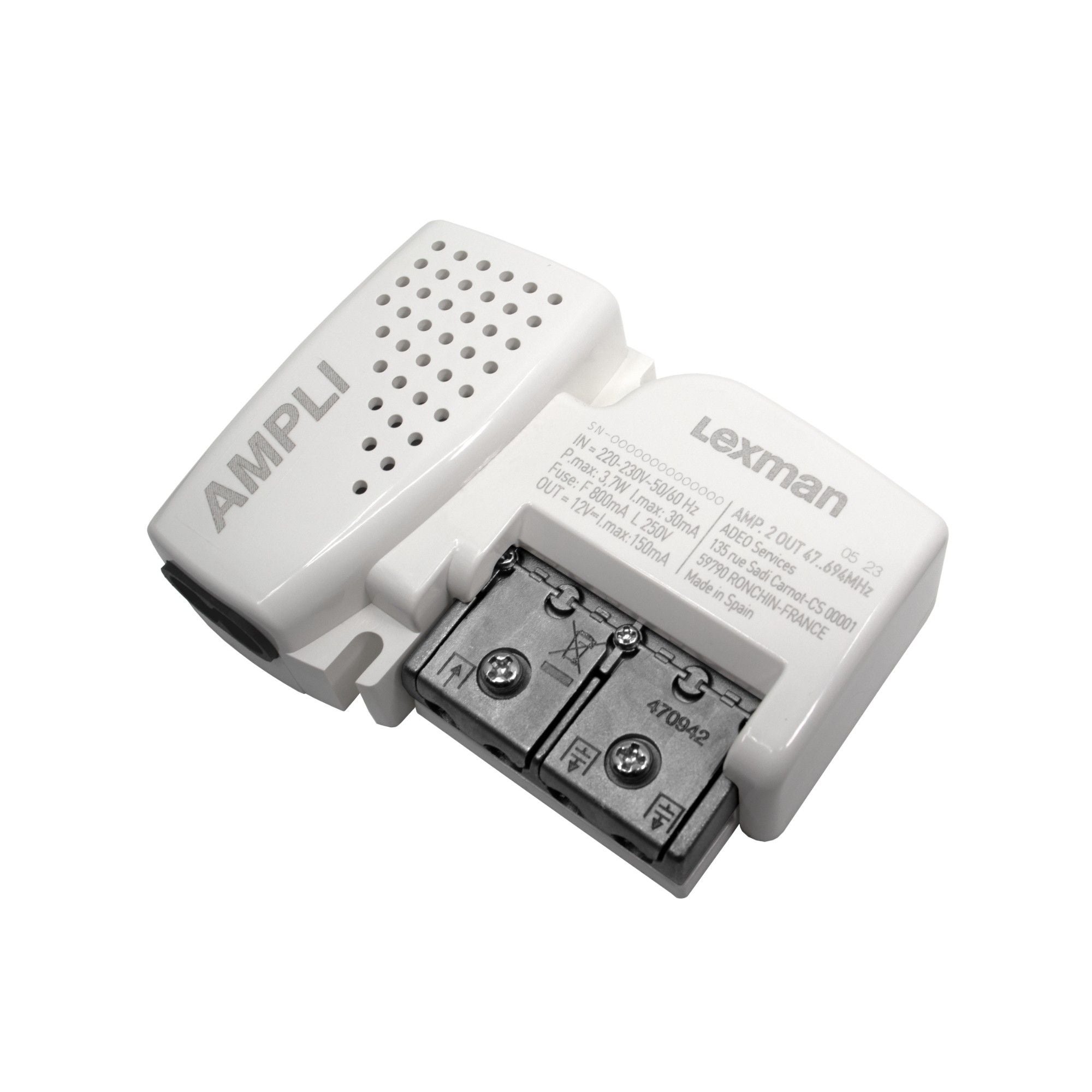 Amplificator semnal TV Lexman, 2 iesiri + alimentare electrica 12V, Alb