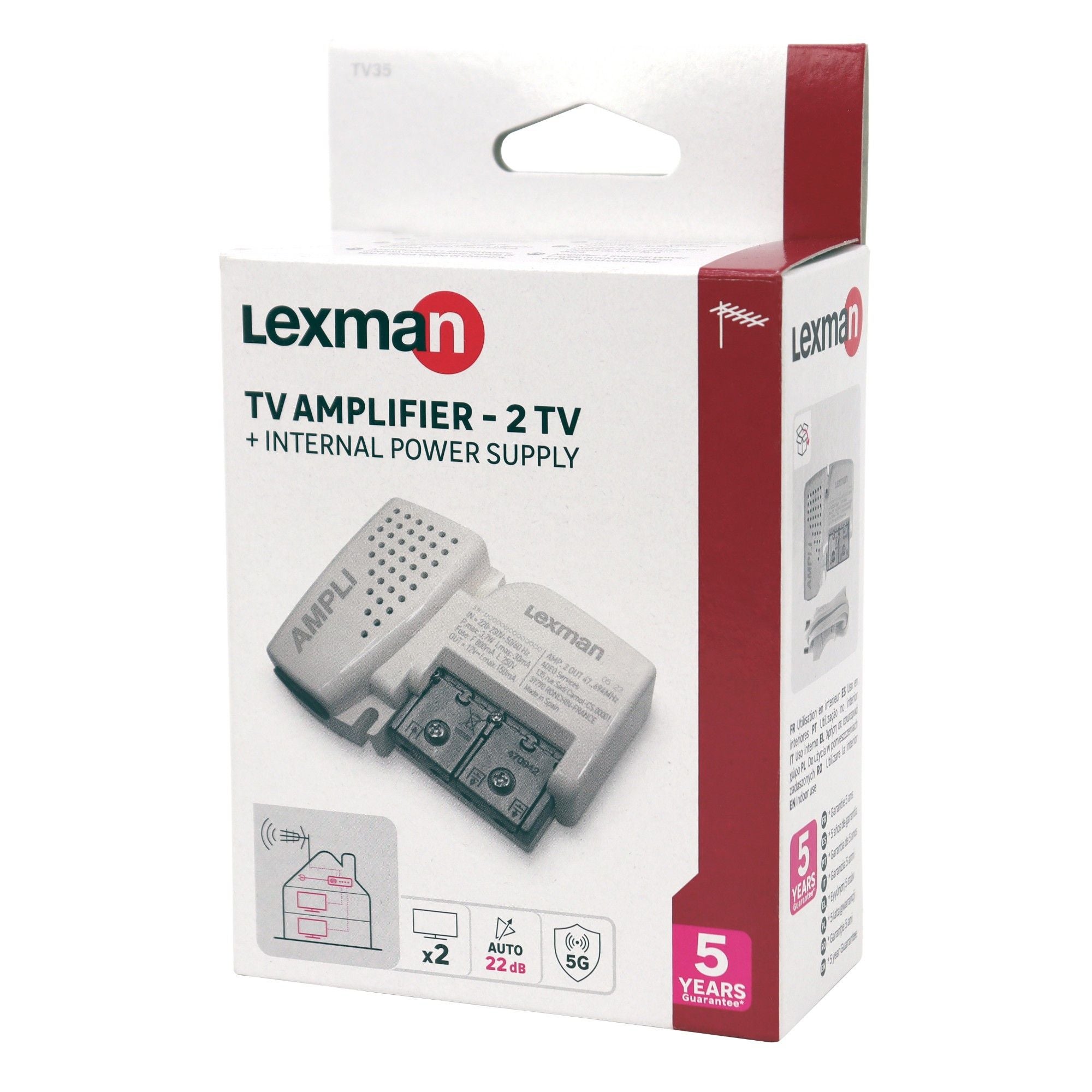 Amplificator semnal TV Lexman, 2 iesiri + alimentare electrica 12V, Alb