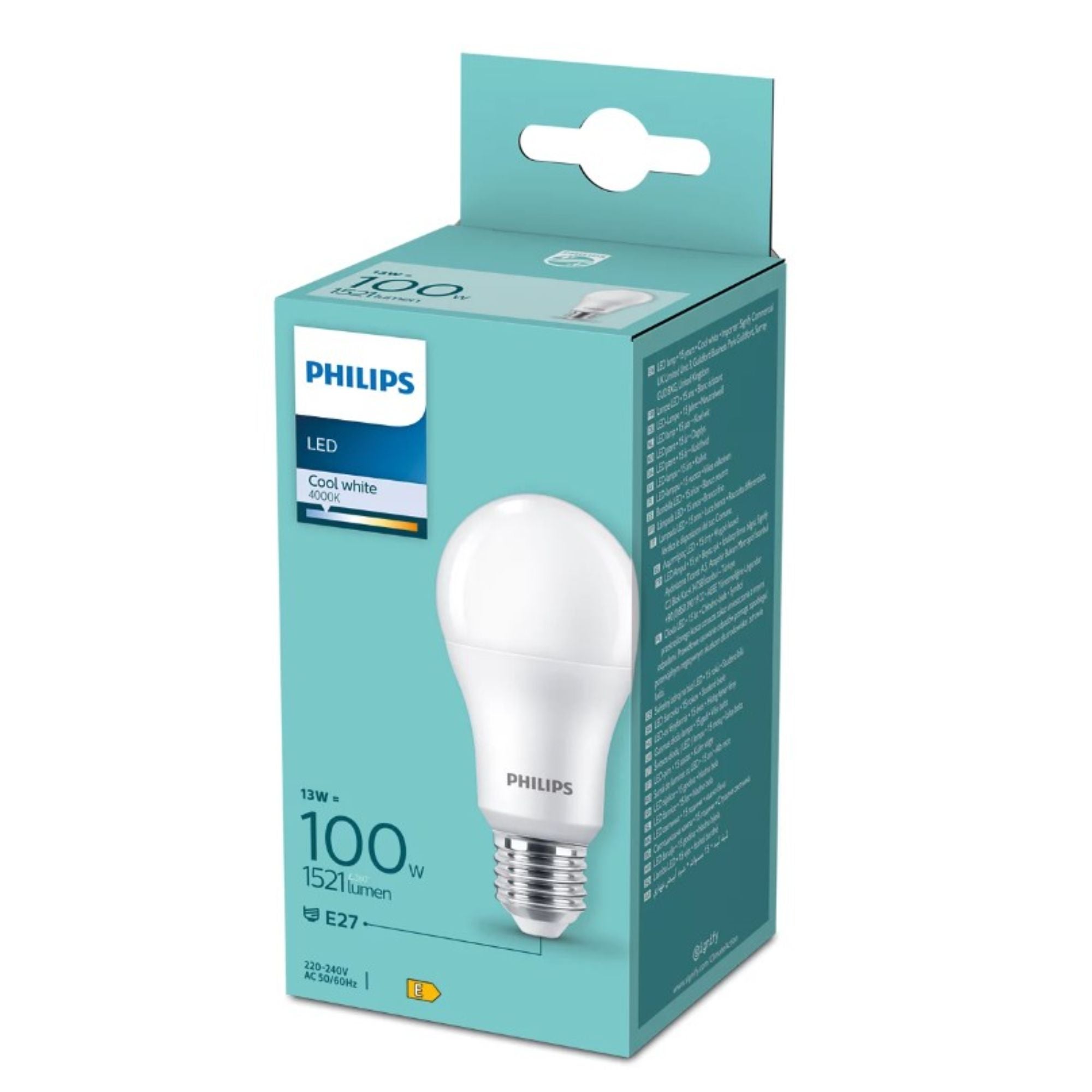 Bec LED Philips, E27, alb neutru, 4000K, 12.5 W, 1521 lm, tip clasic, mat