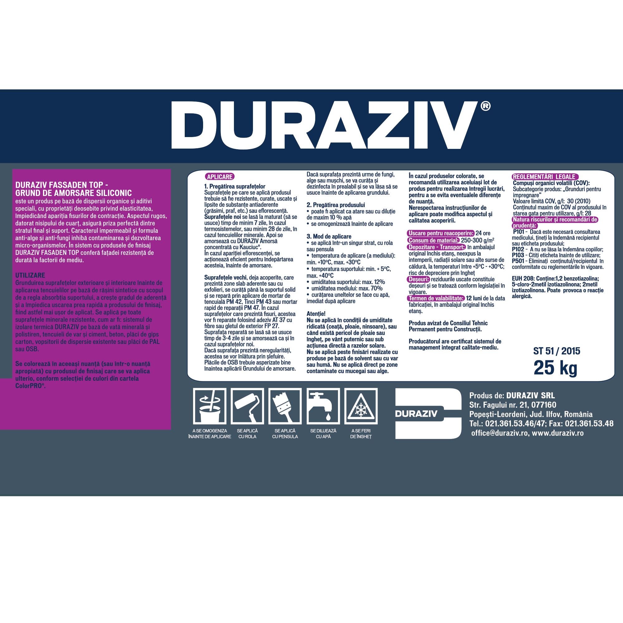 Grund siliconic Duraziv Fassaden Top pentru tencuiala decorativa, interior/exterior, alb, 25 kg