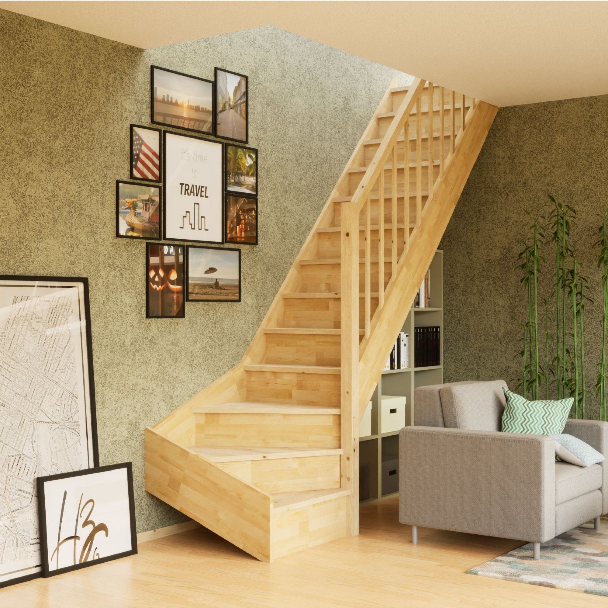 Scara lemn, cu turnanta dreapta, 13 trepte, 334x81x30 cm