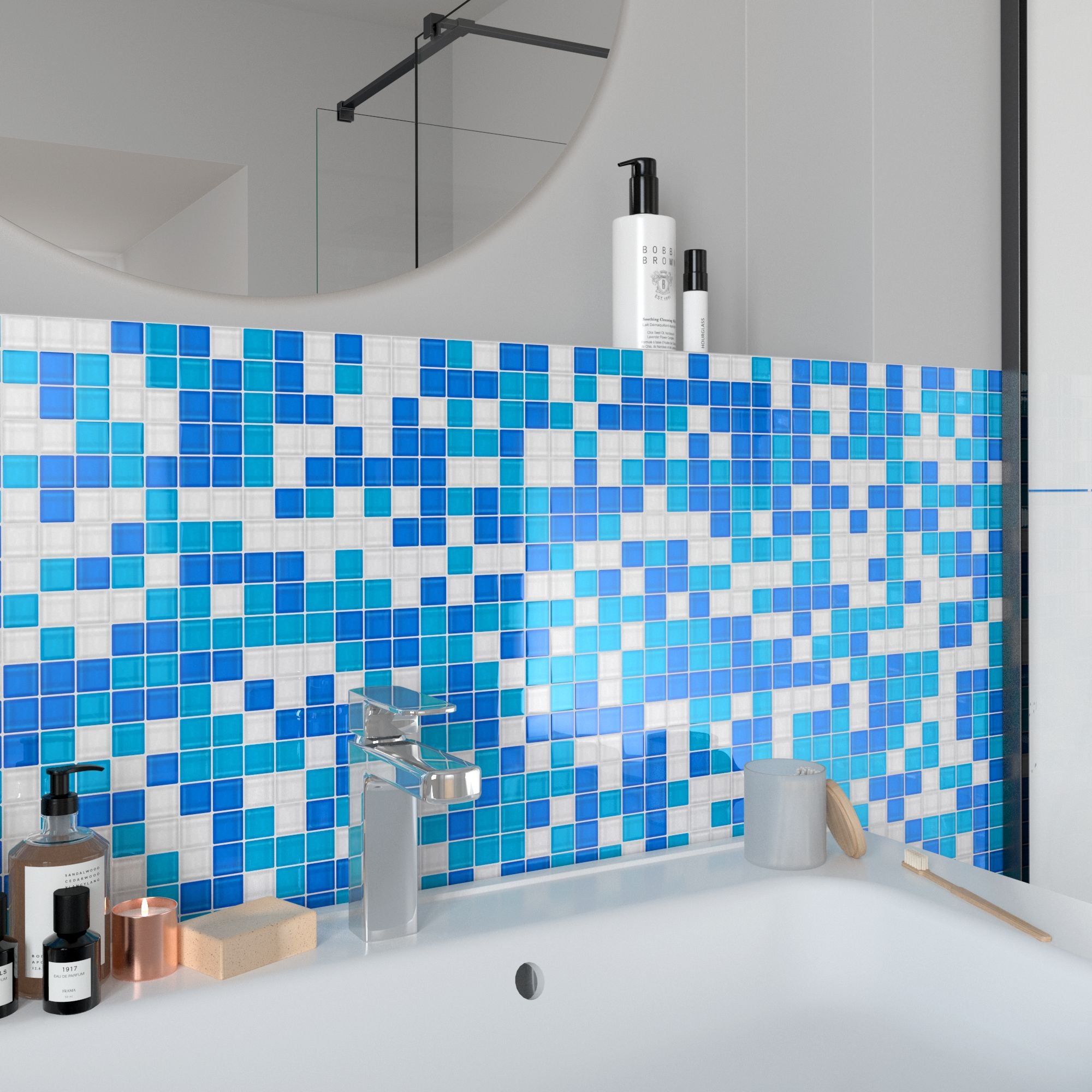 Mozaic din sticla 30 x 30 cm, Artens Clar, alb/albastru