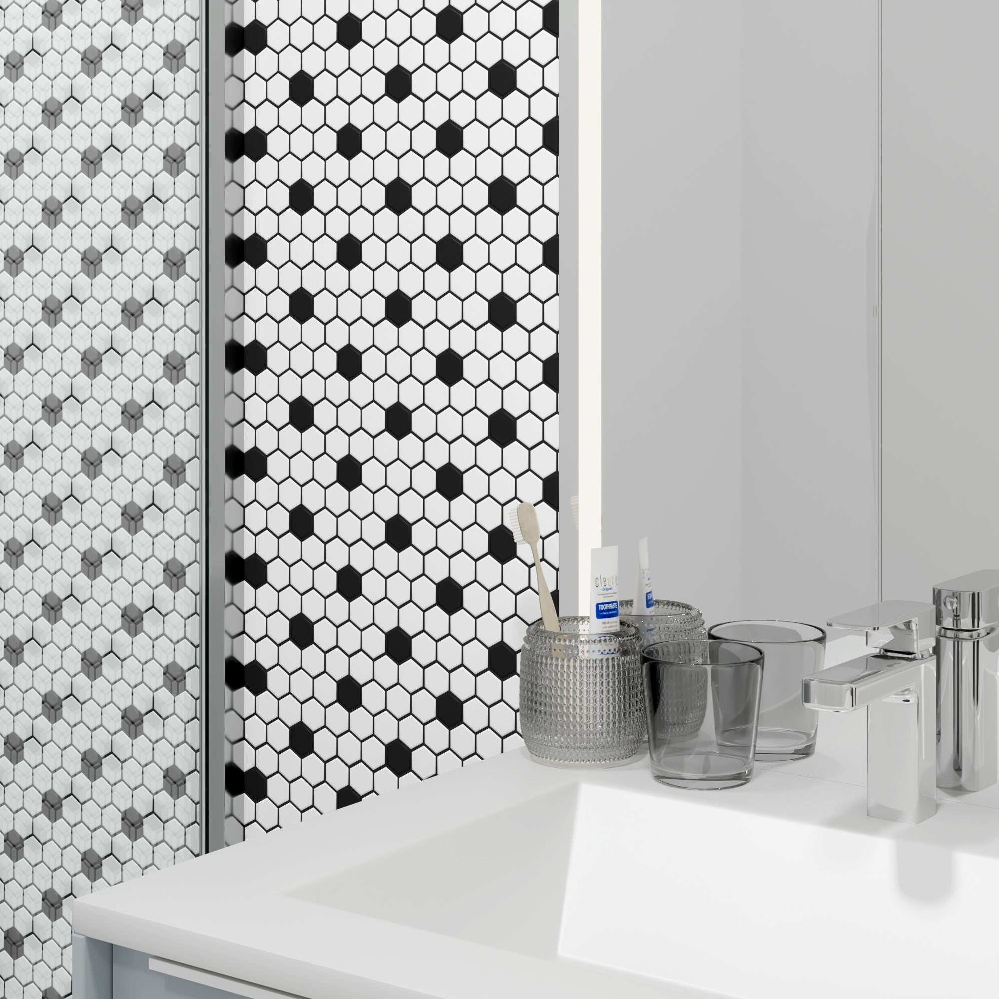 Mozaic din ceramica 30 x 26 cm, Artens Hexa, alb negru