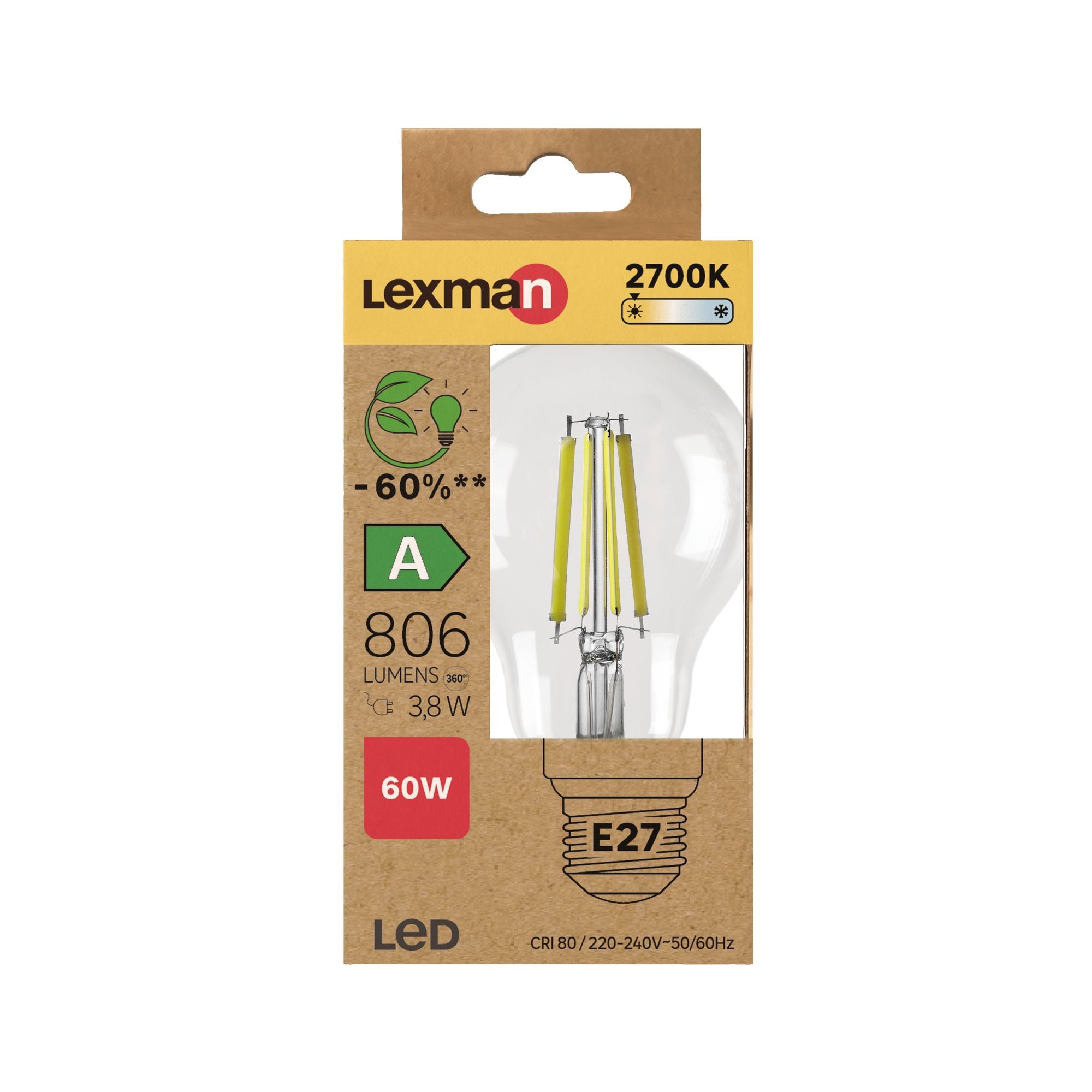 Bec LED Lexman, E27, 3.8 W, alb cald, 806 lm, 2700 K, clasa A, filament ...
