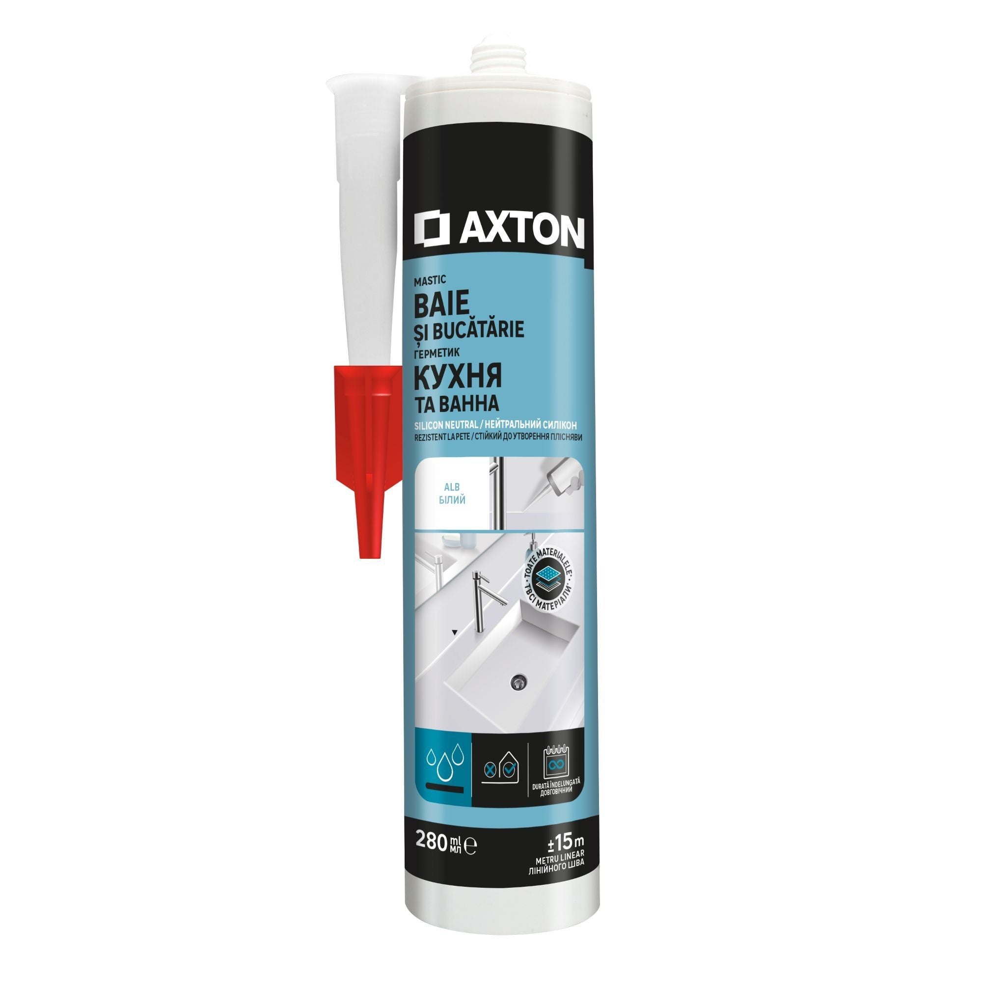 Mastic neutral Axton, pentru baie si bucatarie, alb, 280 ml