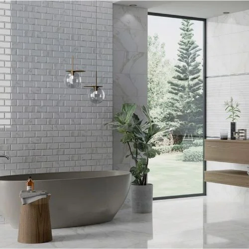 Faianta 30 x 60 cm, Lorinzo Brick, aspect marmura, alb, lucios