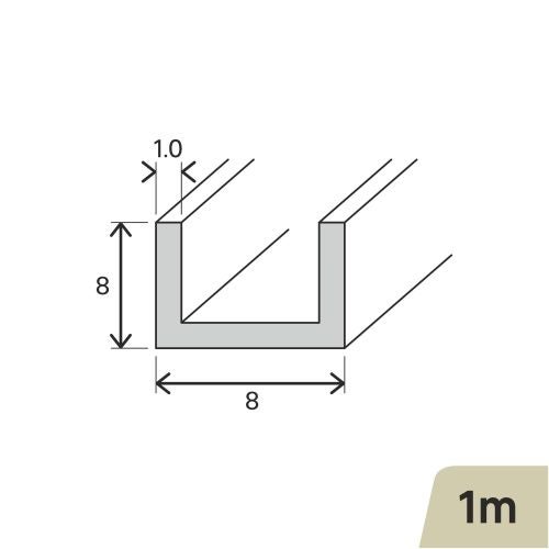 Profil U aluminiu brut, 8 x 8 x 1 mm, L = 1 m