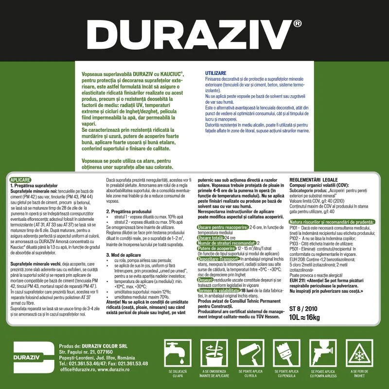 Vopsea lavabila exterior Duraziv Kauciuc, alba, 10 L