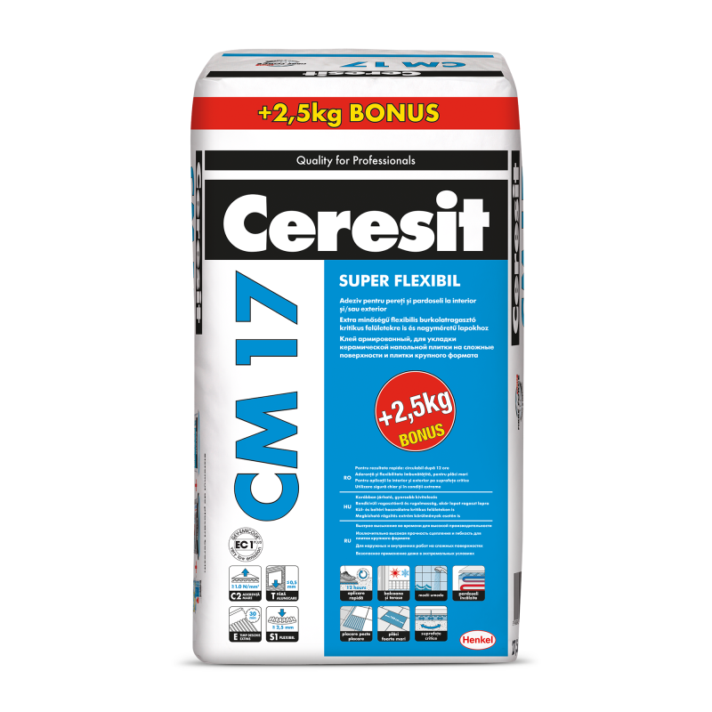Adeziv super flexibil placari ceramice si piatra naturala, interior/exterior, Ceresit CM17, gri ...