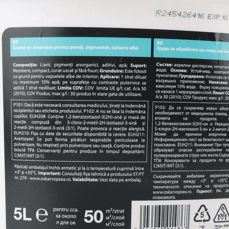 Amorsa Oskar pentru perete, interior, alb, 5 L