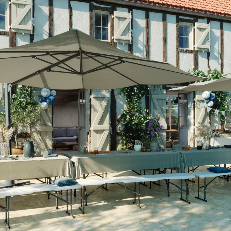 Umbrela terasa Naterial Sombra 360°, aluminiu/otel/poliester, 392 x 293 cm, H 270 cm, gri deschis