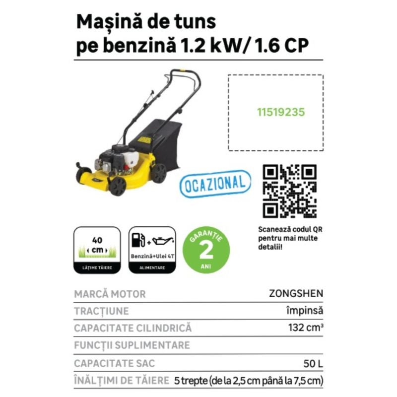 Masina de tuns iarba, pe benzina, 1.8 CP, 1.4 kW, 50 L, l 40 cm