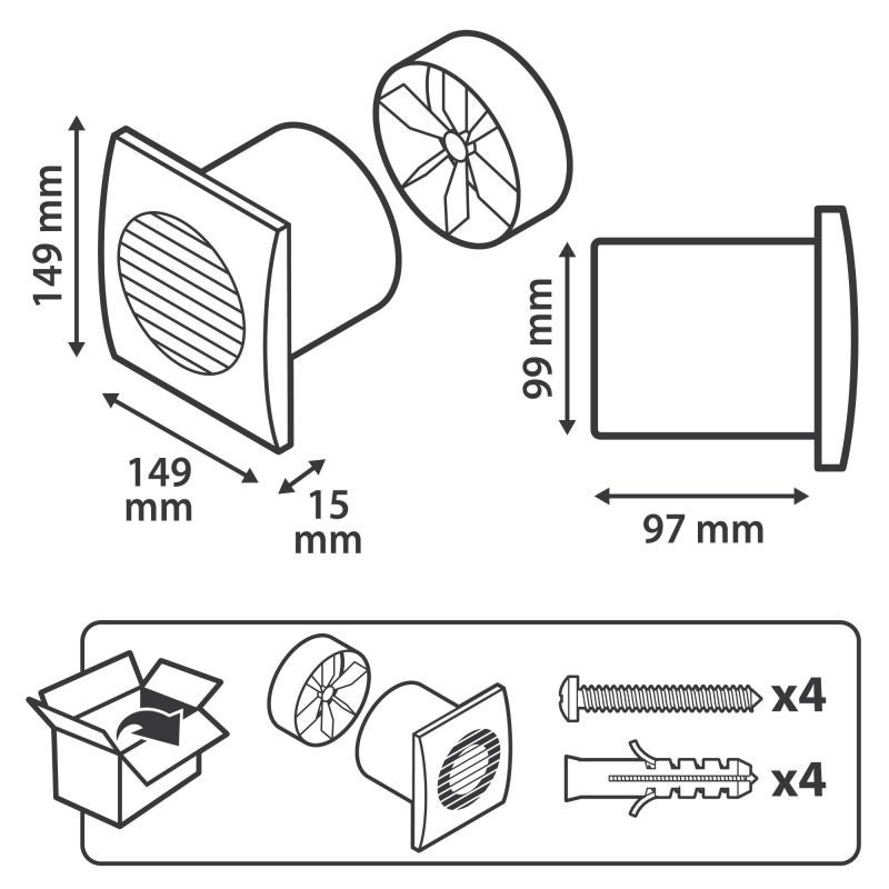Ventilator Equation, D 100 mm, 72 m3/h, silentios