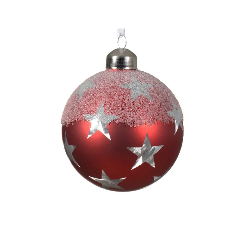 Glob de Craciun, pentru brad, model stea, cu margele, sticla, Ø 8 cm, rosu