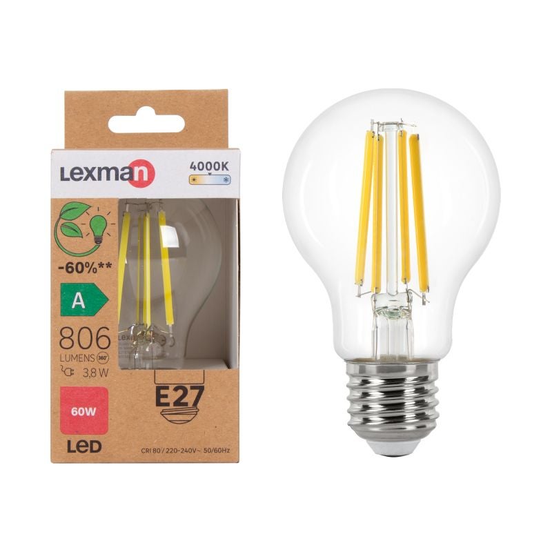 Bec LED Lexman, E27, A60, 3.8 W, alb neutru, 4000K, 806 lm, clasa A ...